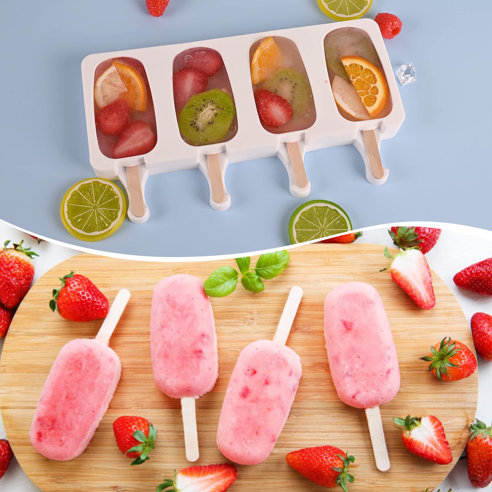Sakolla 3 Pack Large Popsicle Molds 4 Cavities Cake Pop Silicone Molds Oval Ice Cream Cakesicle Molds for Chocolate Baking with 100 Wooden Sticks