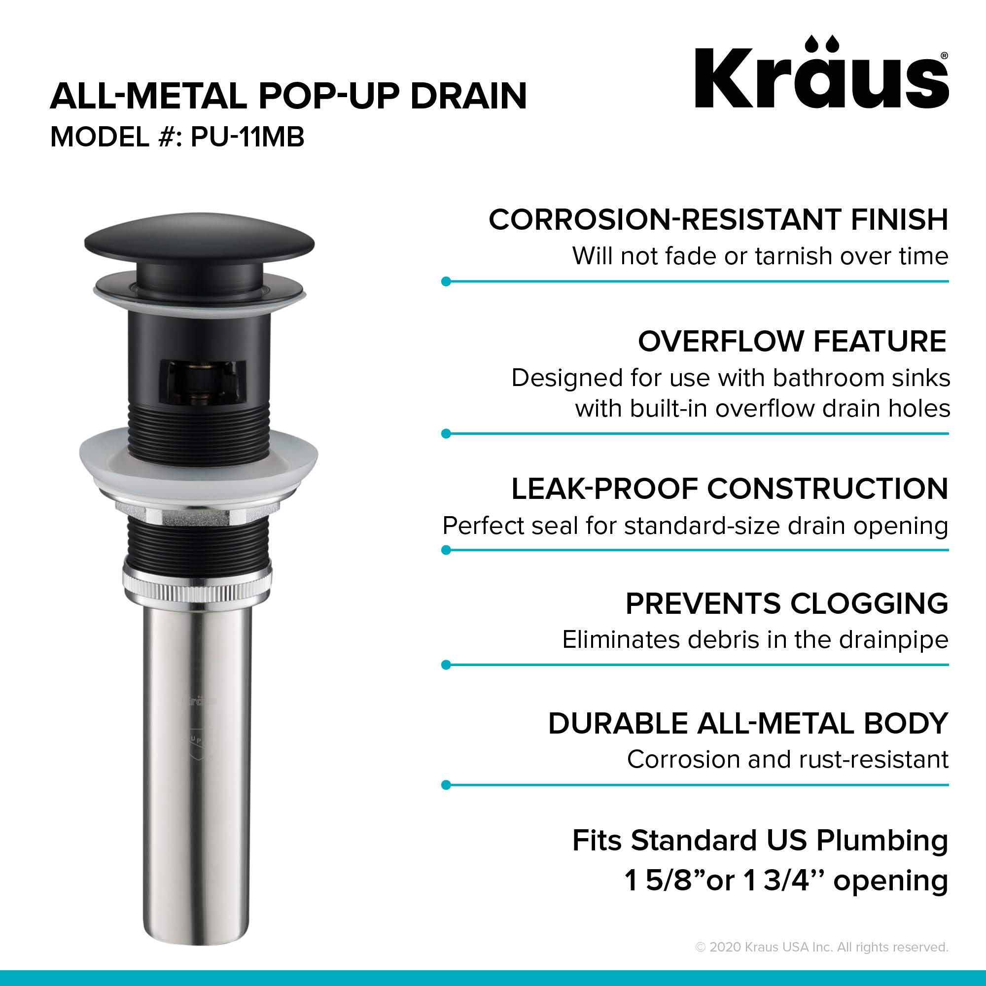 KRAUS Pop-Up Drain with Overflow in Matte Black, PU-11MB