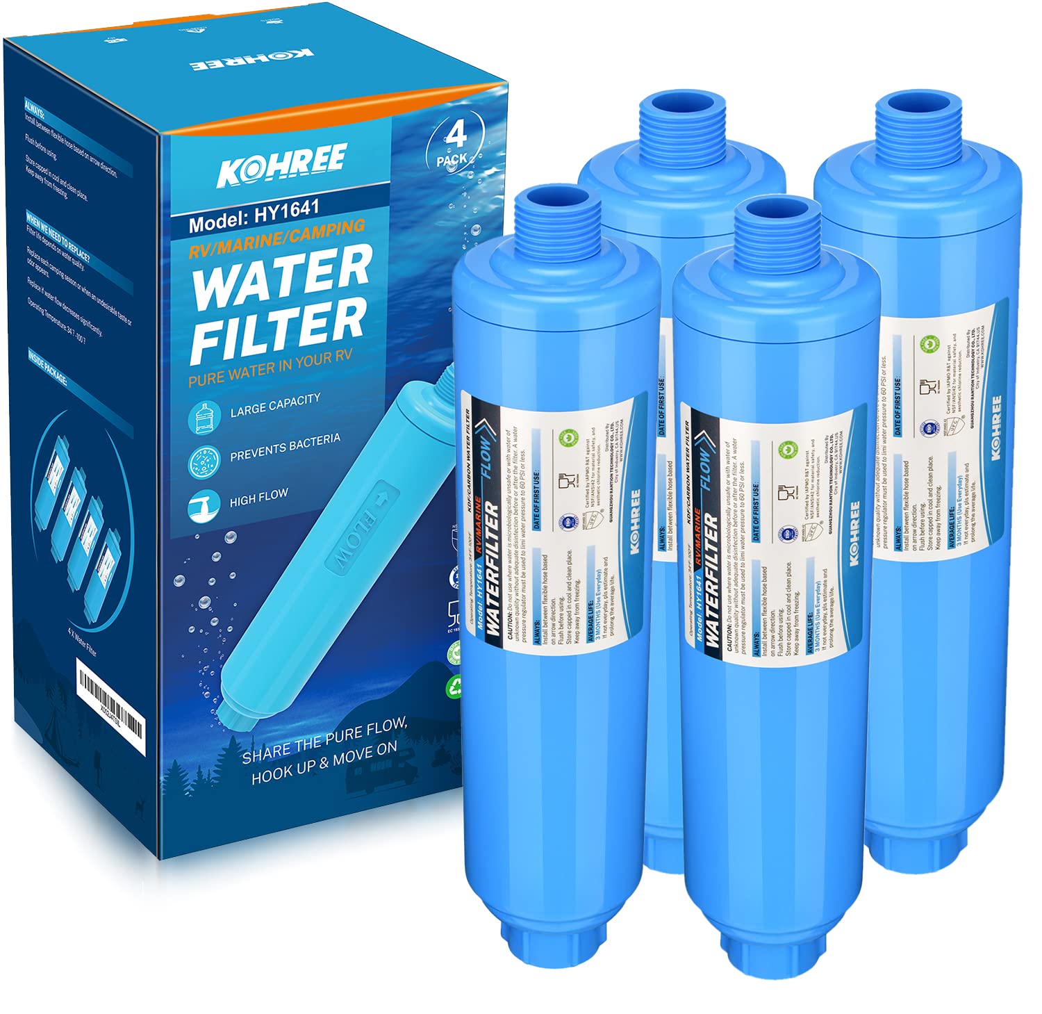 Kohree RV Inline Water Filter, NSF Certified, Camper Water Filter Reduces Chlorine, Bad Taste, Odor, RV Accessories Water Hose Filter for RV Campers, Marine, Gardening, Boats, Trailer, 4 Pack