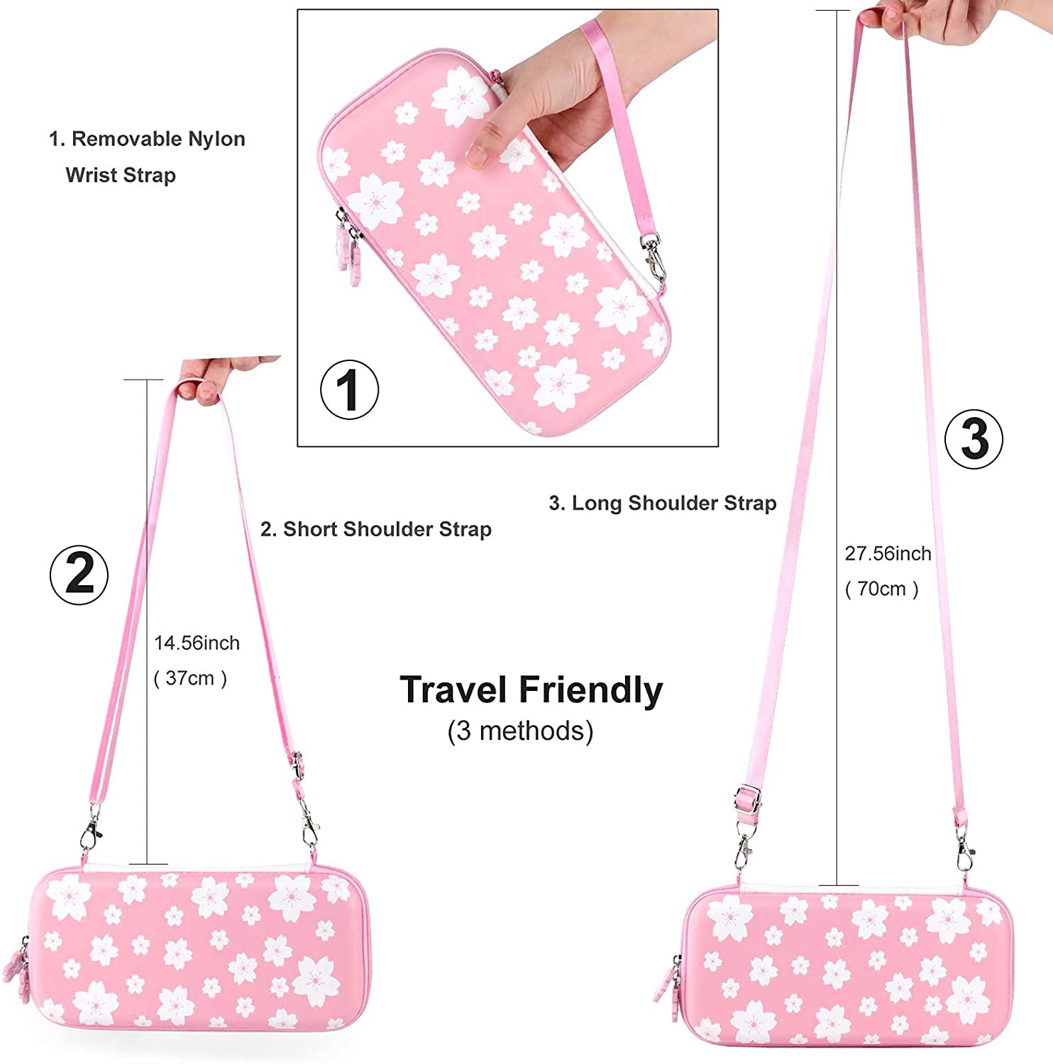 LightPro Pink Carrying Case for Nintendo Switch - Cute Sakura Storage Travel Shoulder Bag with Thumb Grips Tempered Protective Screen Removable Wrist Strap Shoulder Strap