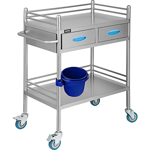 VEVOR Lab Serving Cart Utility Cart Stainless Steel Medical Cart with Two Drawers for lab Equipment Use Grade I Stainless Steel Utility Services (2 Shelves/ 2 Drawer)