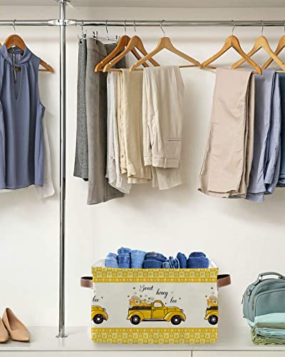 Storage Baskets for Organizing, Toy Box Chest Farm Sweet Honey Bee Truck Daisy Yellow Buffalo Plaid Foldable Cube Storage Bin with 2 Leather Handles Set of 2
