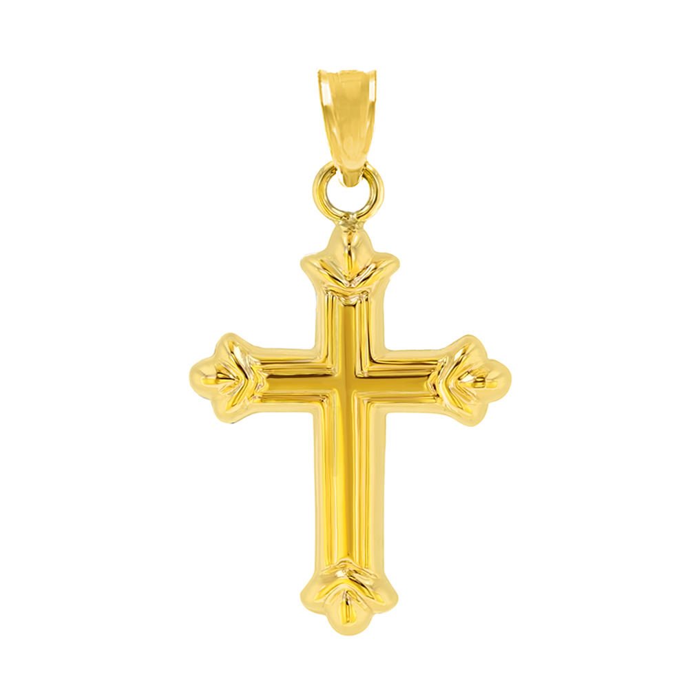 Jewelry America Dainty 14k Yellow Gold Fleur de Lis Cross Charm Pendant Necklace, 16"