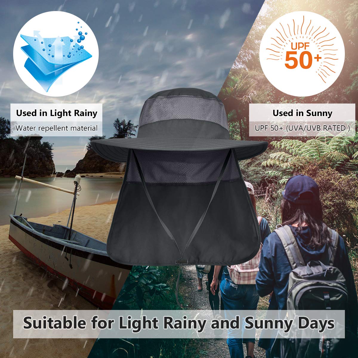 LCZTN Mens UPF 50+ Sun Protection Safari Cap Wide Brim Fishing Hiking Hat with Neck Flap for Garden Work (Dark Grey)