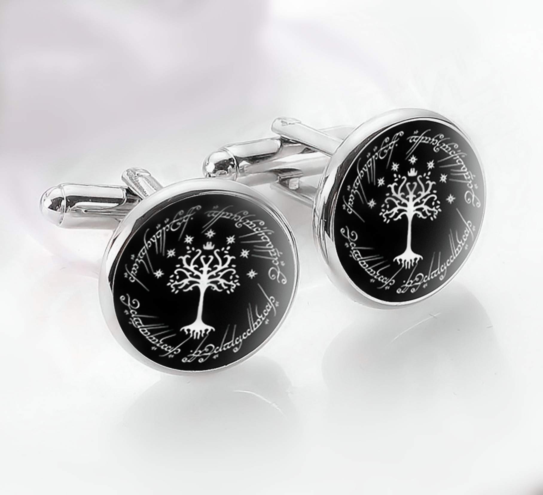 Kooer White Tree Cufflinks Personalized Tree of Life Christmas Wedding Cuff Links Gifts For Men Father Dad Husband Groom (Silver cuff links)