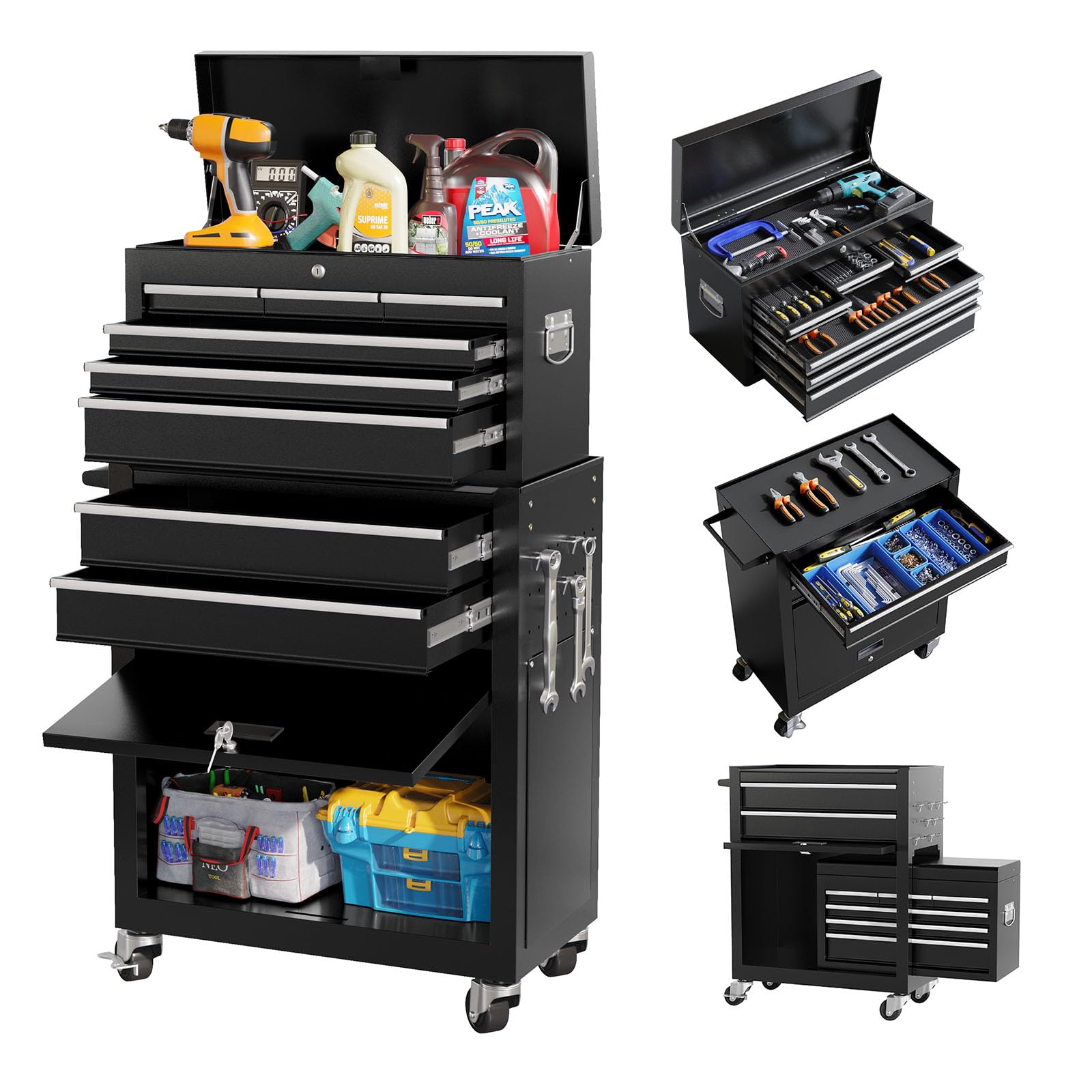 K KELBEL 8 Drawer Rolling Tool Chest with Wheels, 2-in-1 Detachable Tool Box Tool Cabinet with Drawers & Brake & Locking System for Garage, Warehouse (Black)