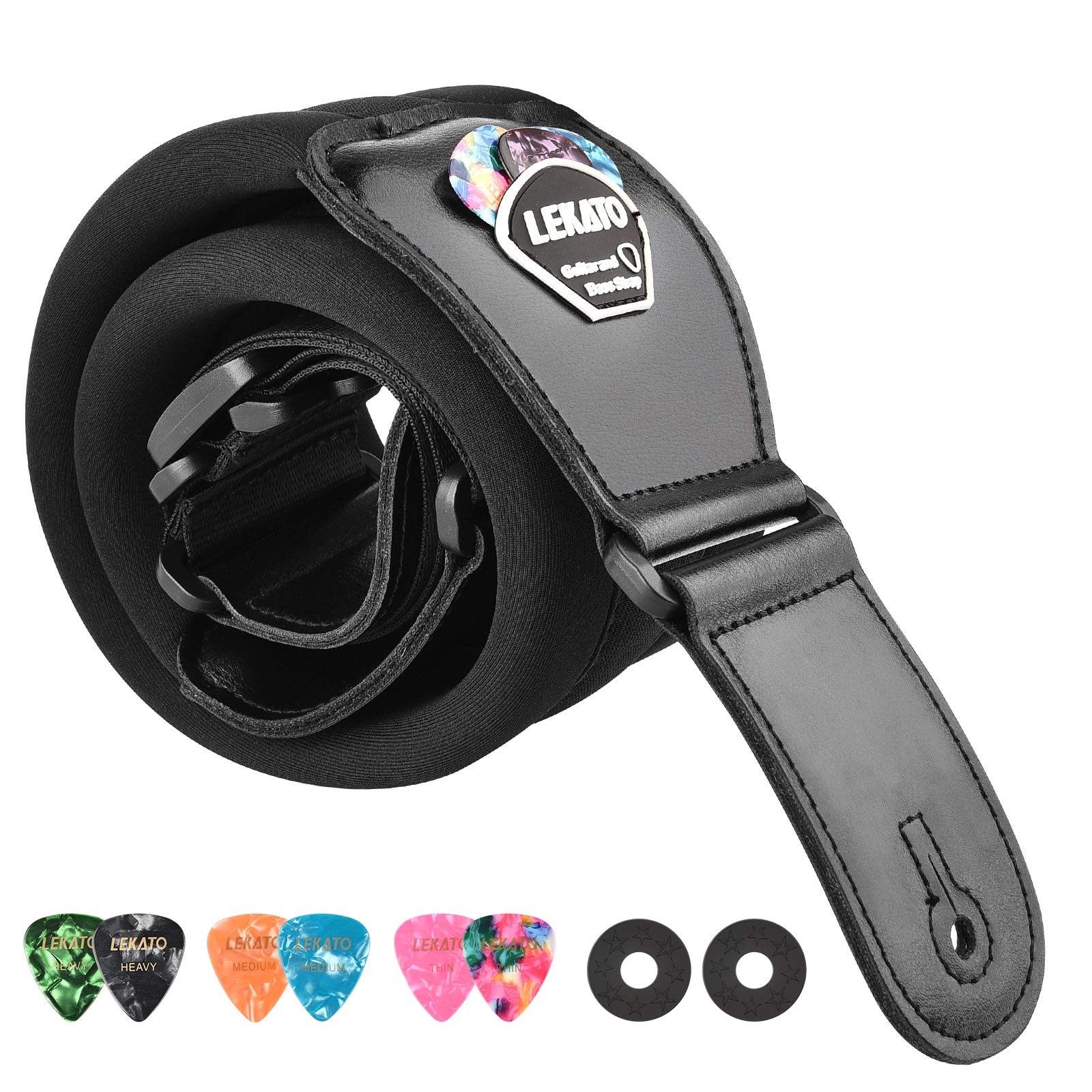 LEKATO Bass Guitar Straps for Electric Guitar & Bass 3" Wide Bass Strap Padded Guitar Straps Adjustable Length from 45" to 55" Bass Guitar Strap with Pick Holder 2 Safety Strap Locks & 6 Picks