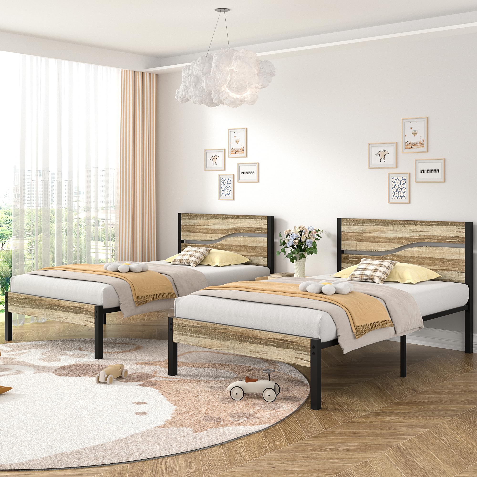 VECELO 2 Set Twin Bed Frame with Wood Storage Headboard & Footboard, Heavy Duty Metal Platform, Large Under Bed Storage, Noise-Free, No Box Spring Needed, Easy Assembly,Retro Black