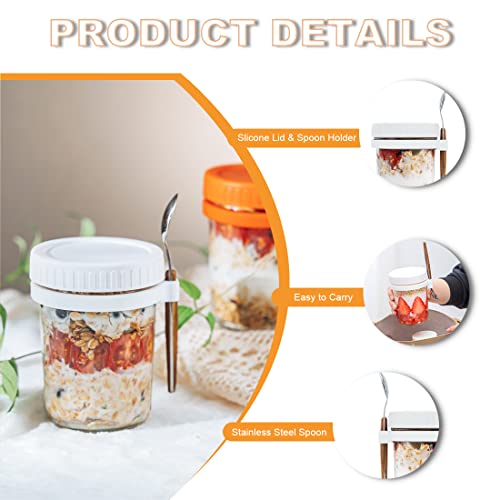 ZCXQM Overnight Oatmeal Containers and Spoon, 10 oz Set of 2, Glass Mason Jars with Airtight Lids for Cereal Yogurt and Parfait (Black)