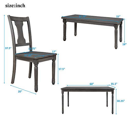Woanke 6-Piece Set, Wooden Rectangular Table with 4 Chairs and 1 Bench, Rustic Style for Kitchen, Dining Room, Breakfast Nook, 2-Gray