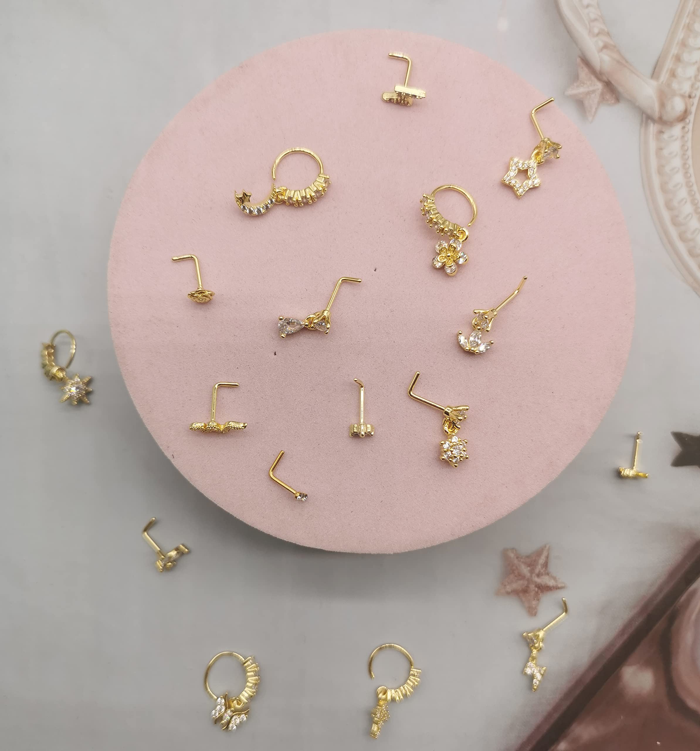 SAMOCO 20Pcs 20G Dangle Nose Ring L Shaped Dangling Stud for Women, CZ Flower Stainless Steel Studs Hoops Nose Piercing Jewelry(Gold)