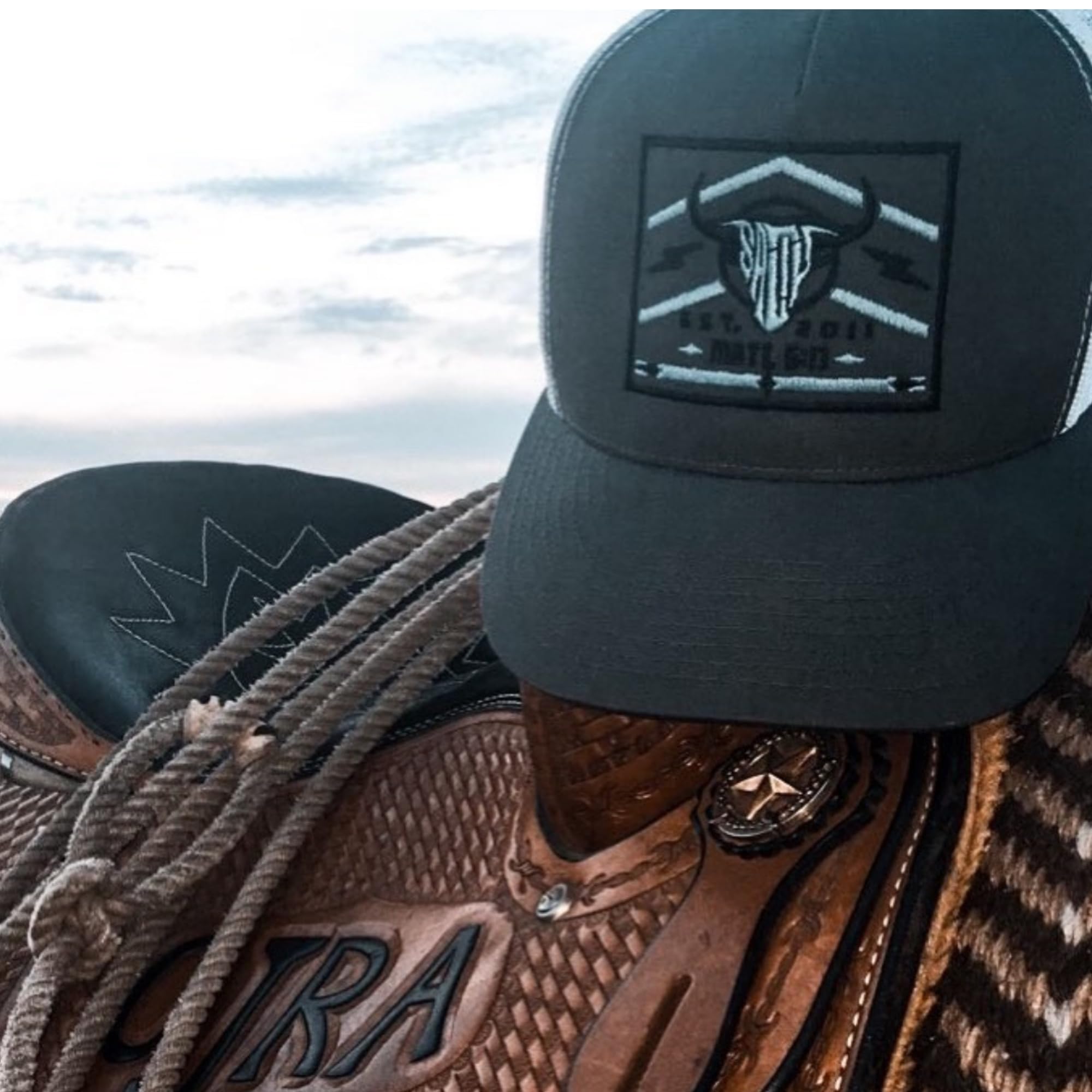 Salty Rodeo Turquoise Lightning Hat - Tall Crown Grey Yupoong Snapback Western Wear Snapback - One Size Fits Most