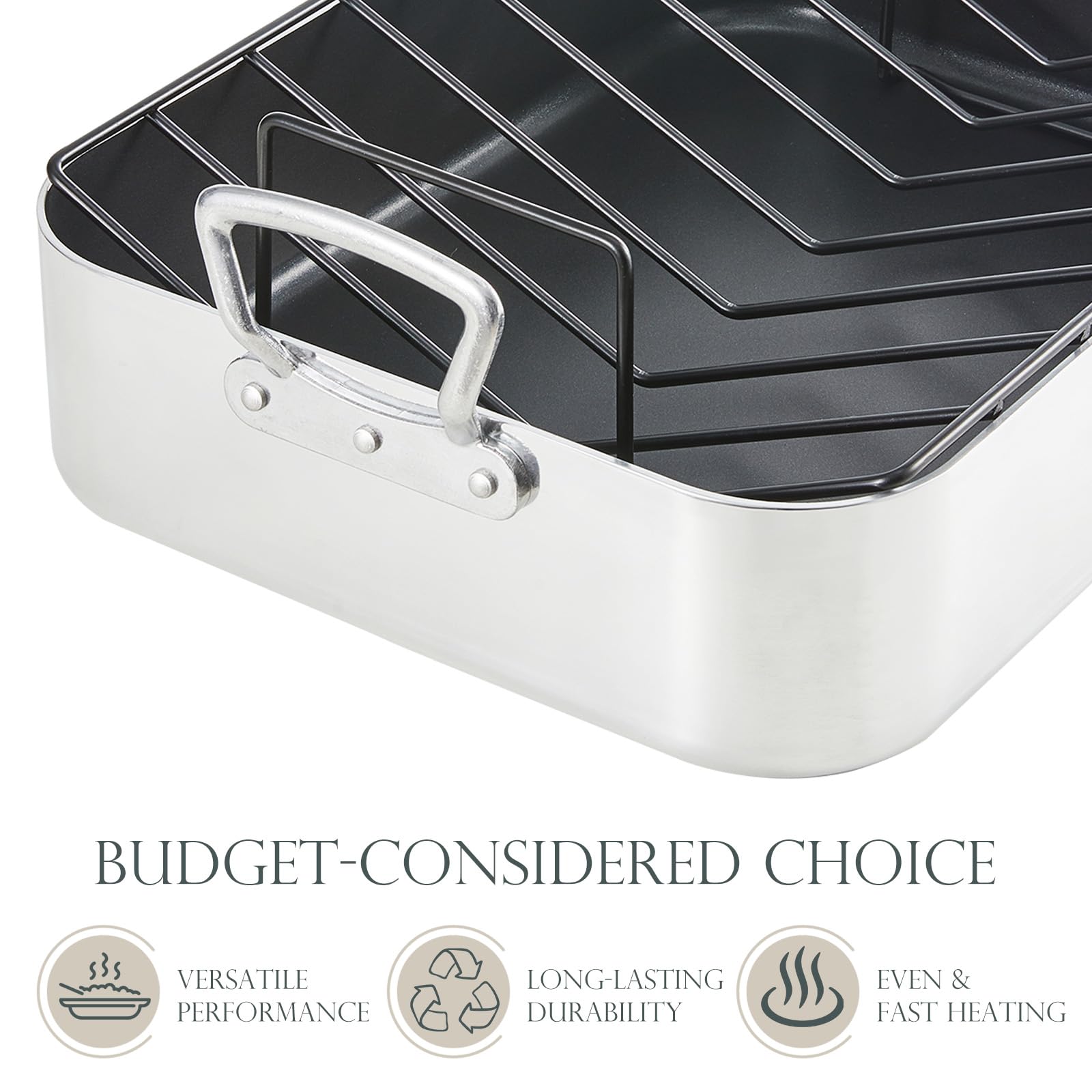 KITESSENSU Nonstick Turkey Roasting Pan with Rack 17 x 14 inch - Large Chicken Roaster Pan for Oven - Wider Handles & Heavy Duty Construction - Suitable for 24lb Turkey, Gray