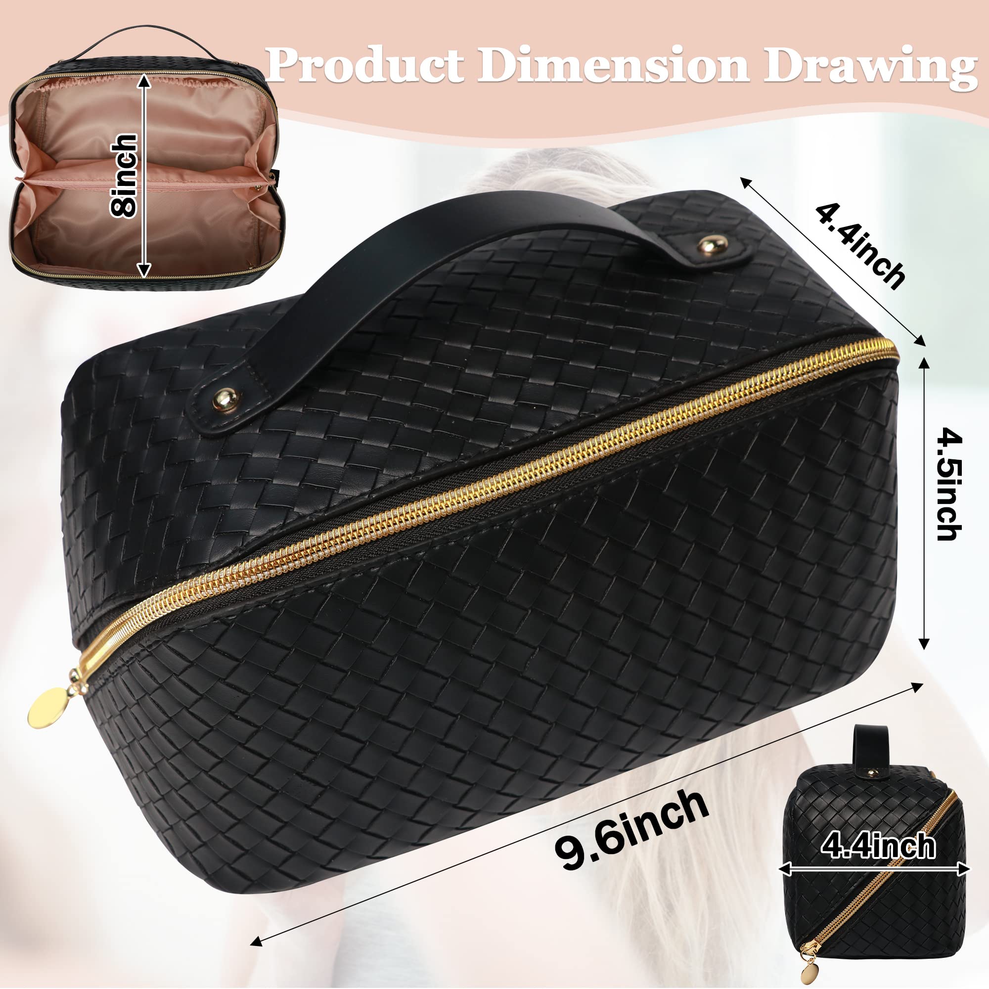 Tesuko Quilted Large Capacity Waterproof PU Leather Cosmetic Bag with Handle and Divider, Black, for Women