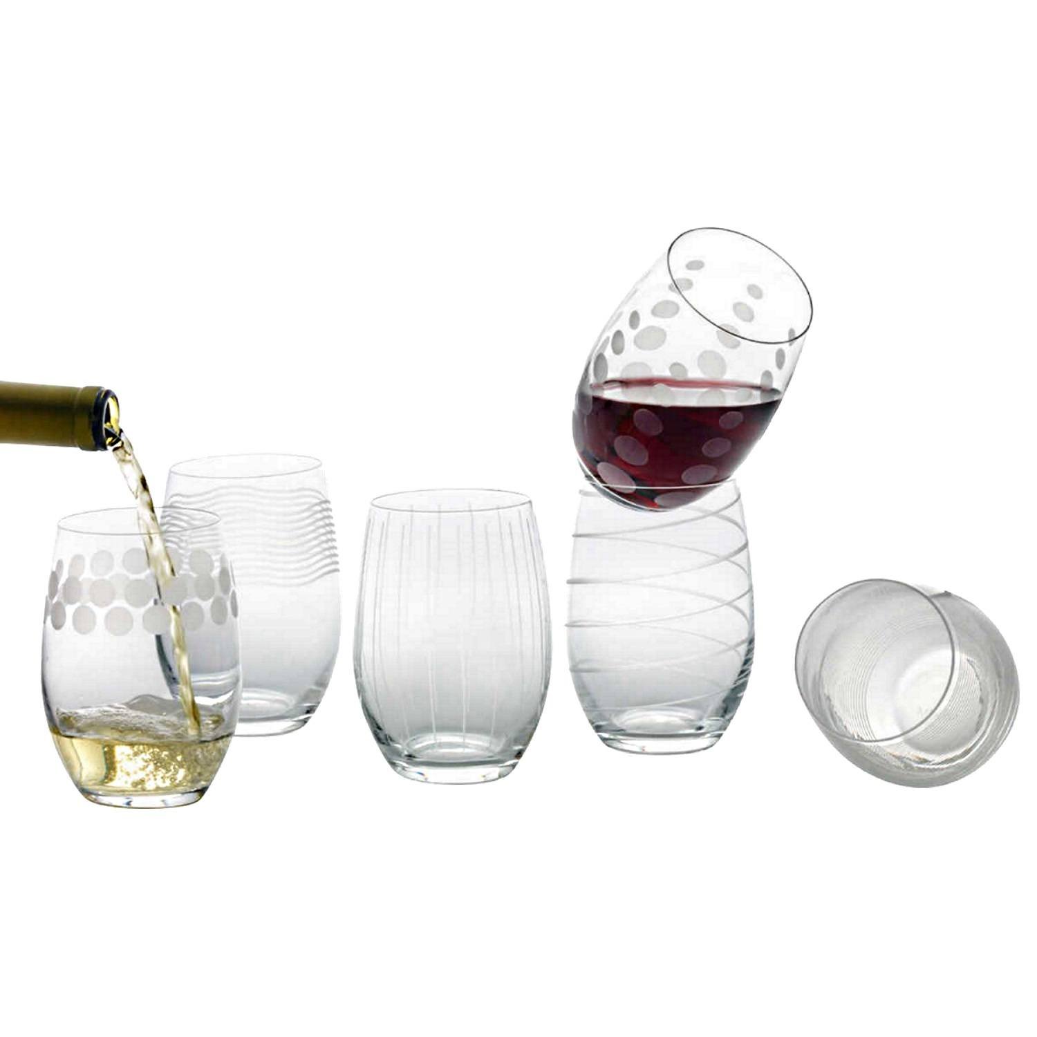 Mikasa Cheers Stemless Etched Wine Glasses, Fine European Lead-Free Crystal, 17-Ounces for Red or White Wine - Set of 6
