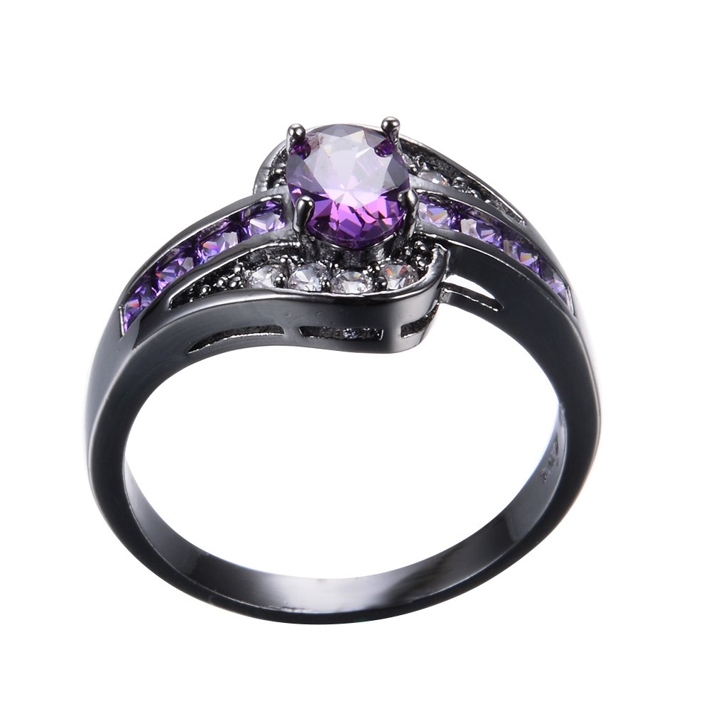 JunXin New Three 10KT Black Gold Wave Ring, Womans Wedding and engagement purple Cz Rings. size 7(purple Cz)