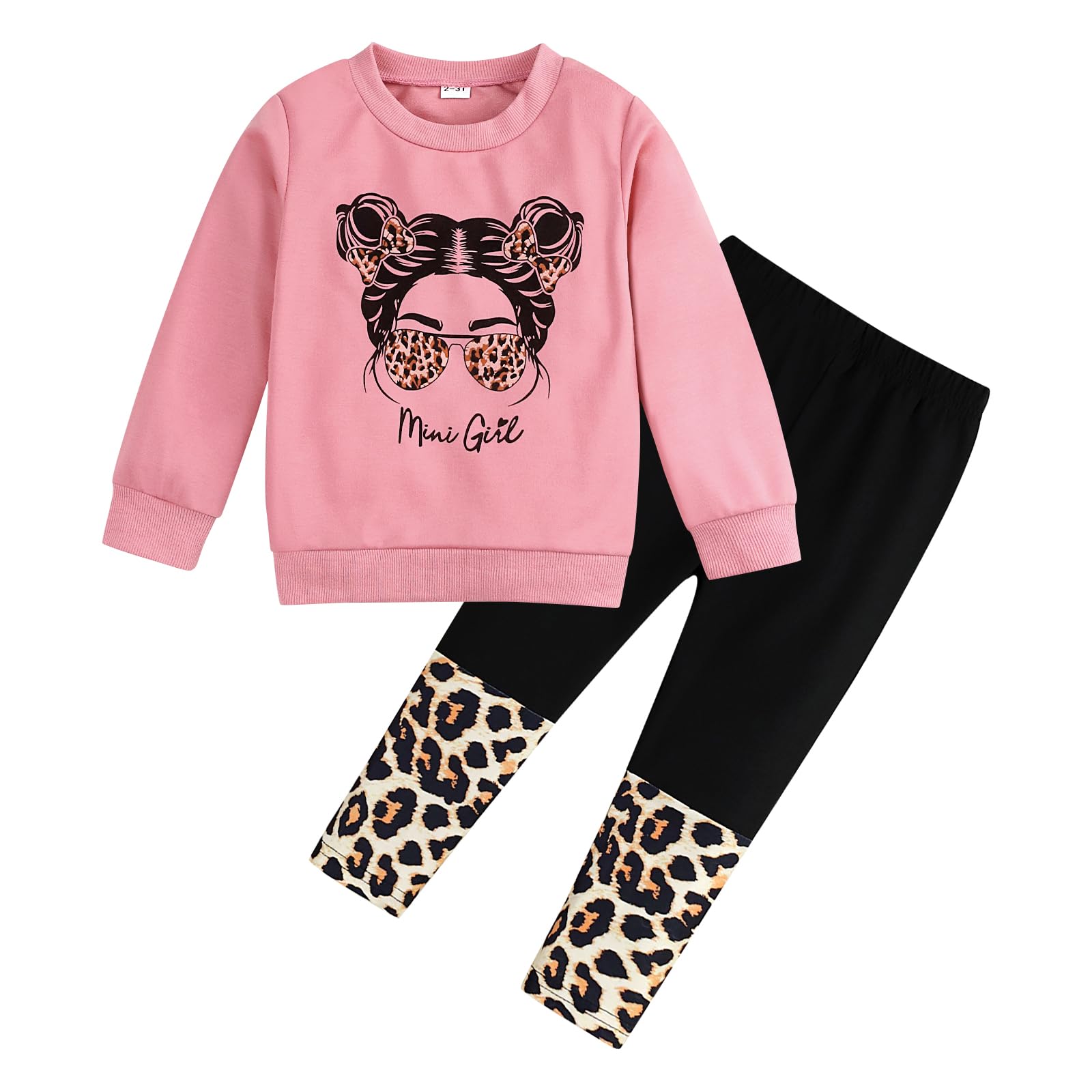 KIDLAGA Toddler Girl Clothes Figure Graphic Drop Shoulder Top Pullover Leopard Print Pants Fall Winter Outfit Set(5-6T)