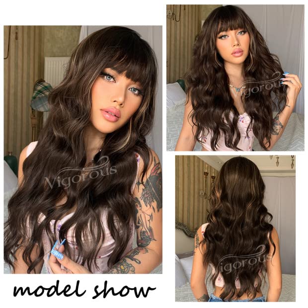 Vigorous Brown Wig With Bangs Long Wavy Wig for Women Synthetic Curly Wavy Wigs Brown Mixed Blonde color for Daily Party Use