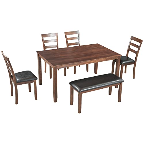 Woanke Simple Wooden 4 Upholstered Chairs and 1 Bench, Kitchen Dining Room Table Set for 5, Walnut Rectangular 6-Piece
