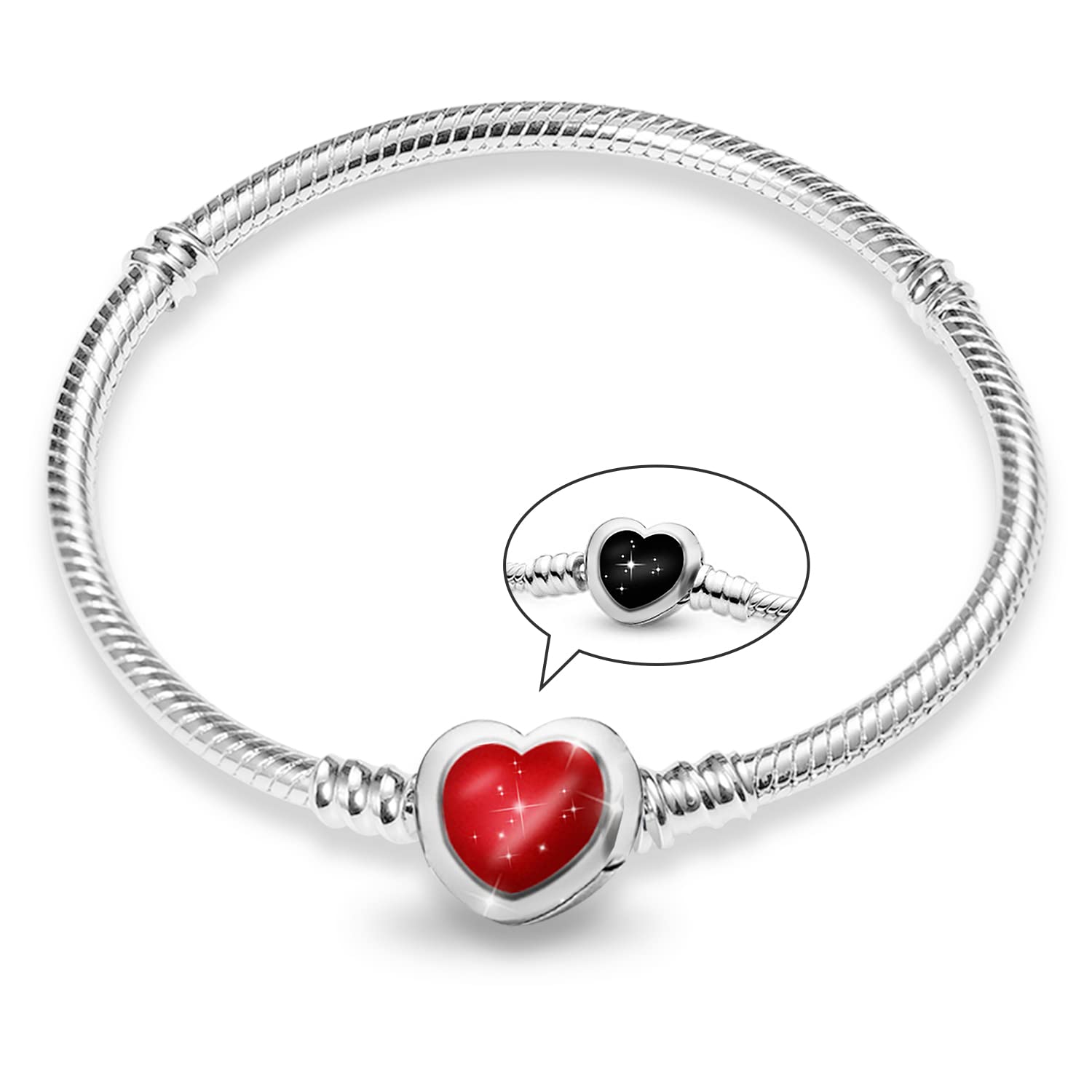 PICKBEAU 925 Sterling Silver Heart Clasp Snake Chain Bracelet for Women Gift-7.9IN