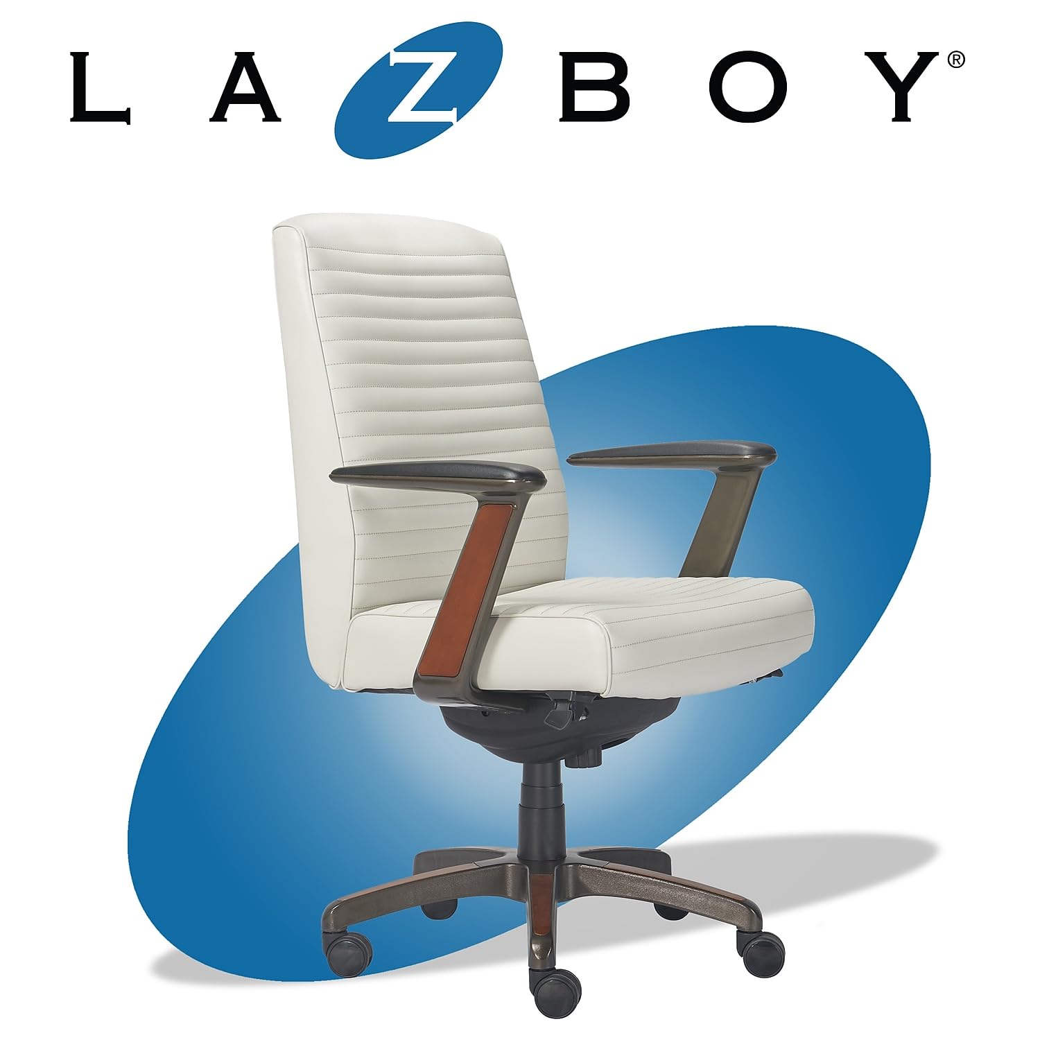 La-Z-Boy Emerson Modern Executive Office Chair with Rich Wood Inlay, Ergonomic High-Back Lumbar Support, Bonded Leather, White