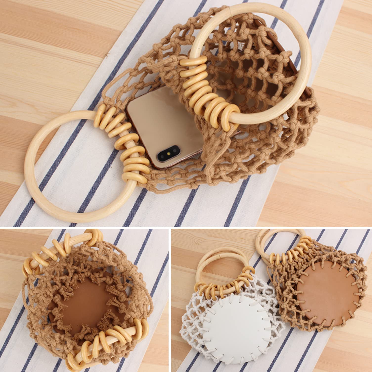 NIBD Women Mini Clutch Tote Handbag Woven Handbag Top-handle Bucket Drawstring Bag Summer Beach Fishing Net Bag Purse (Brown)