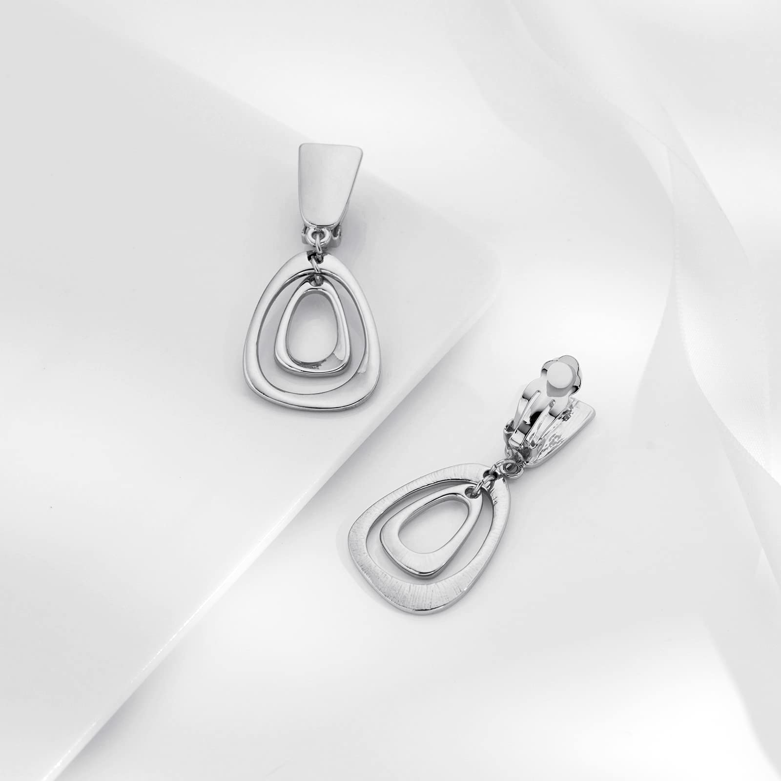 Silver Geometry Clip On Earrings Double Circle Drop Clip Earrings Fashion Earrings for Women