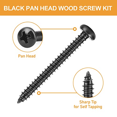 VIGRUE 260PCS #6#8 Black Wood Screw Assortment Kit, 304 Stainless Steel Pan Head Self Tapping Screws, Black Oxide