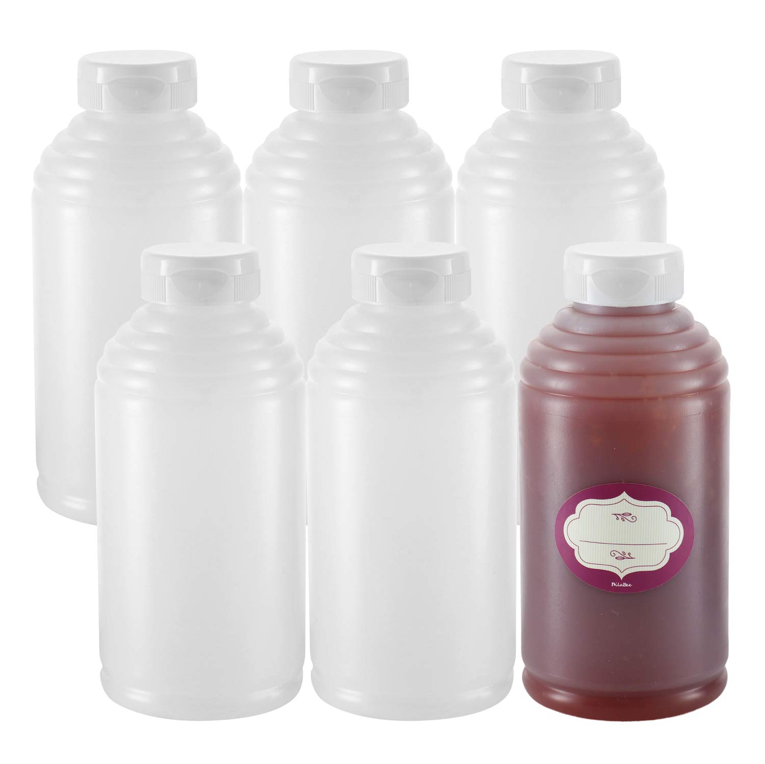 Pack of 6 – Empty Bottles for Honey – White Plastic Honey Jars - Plastic Honey Container Refill – Squeeze Honey Bottle with Leak Proof Flip-Top Caps & Labels - Easy Dispensing - Food Safe (24 Oz)