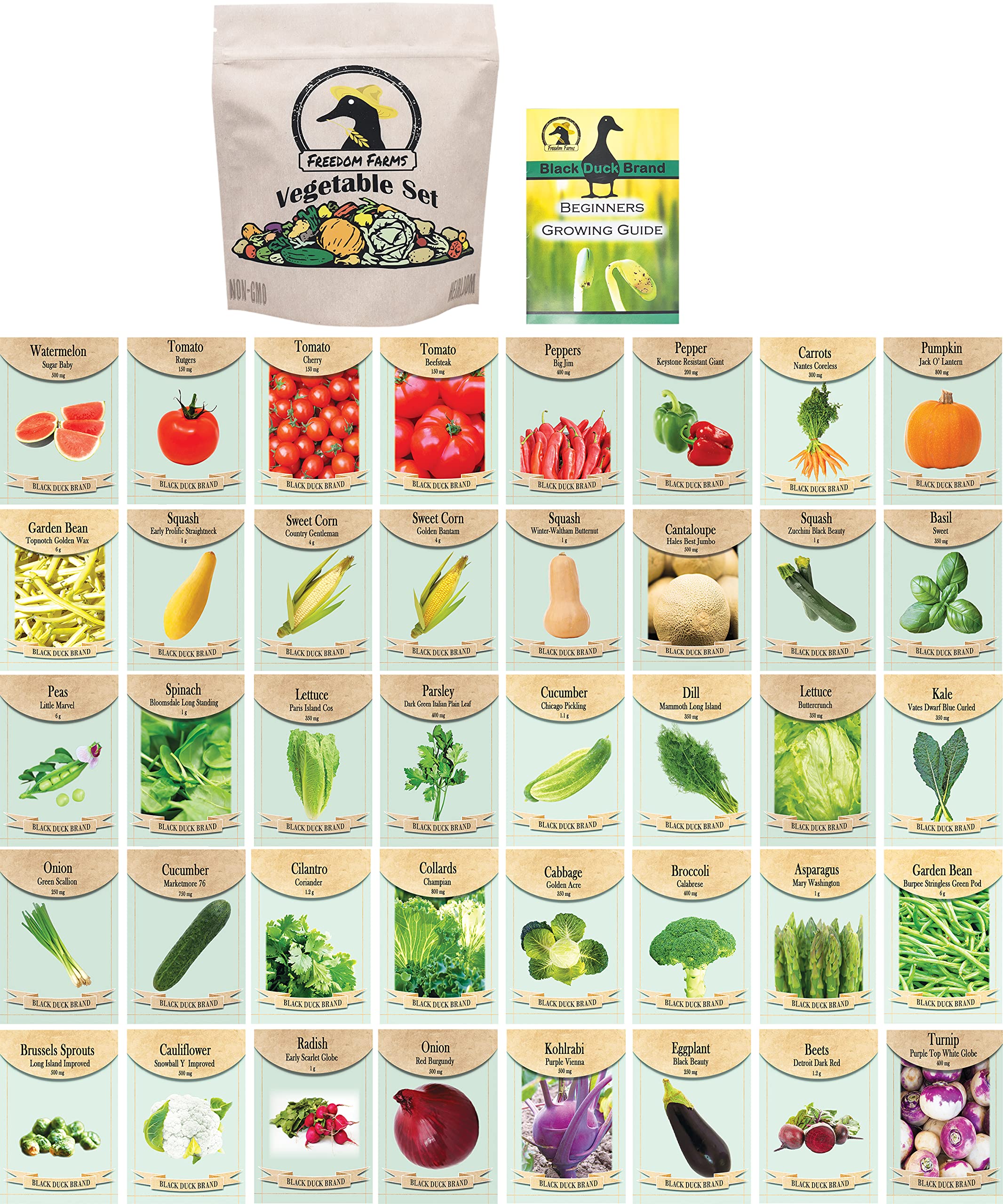 Set of 40 Assorted Vegetable Packets with Beginners Growing Guide & Mylar Storage Bag | Non-GMO | Heirloom