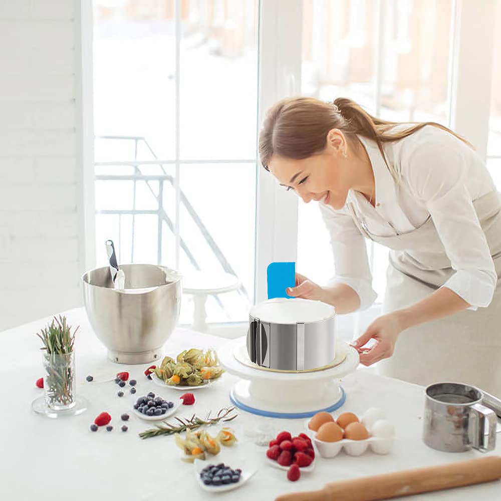 Senbos Cake Ring, Stainless Steel Professional Adjustable Baking Rings with Handle Layer Baking Cake Ring with 3 Cream Scrapers for Birthday Wedding Tier Cake, 3.5 inch High, Diameter 6 to 12 inch