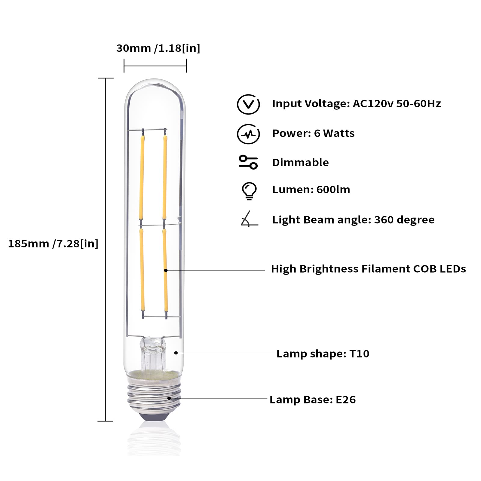Klarlight Dimmable 6 Watt LED T10 Tubular Light Bulb 60 Watt Incandescent Equivalent E26 Edison Vintage Filament Tube Lamp, Daylight 6000K Medium Base Clear Glass Bulb (3-Pack)