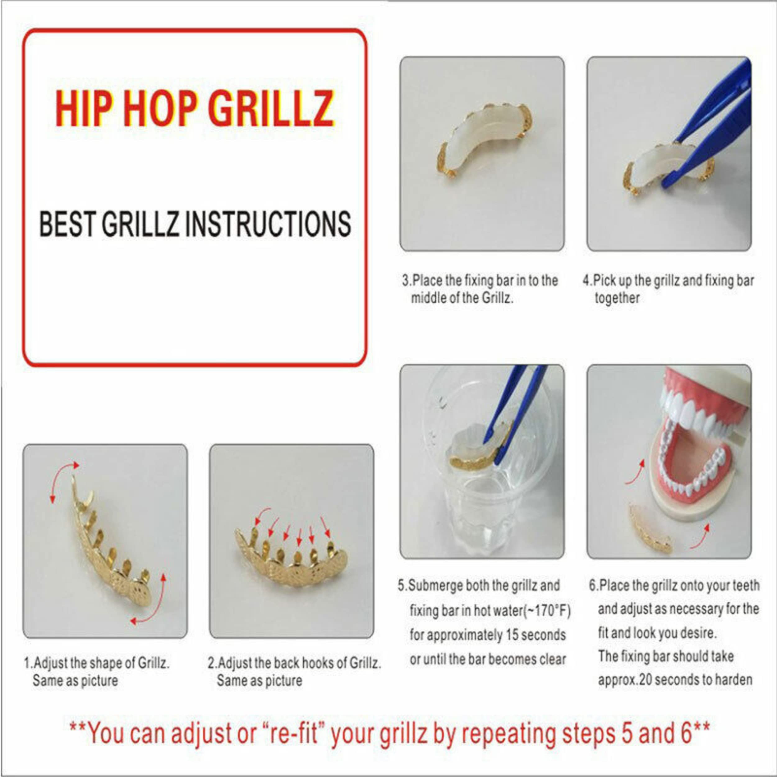 Silver Plated Solid Hip Hop Grillz 12 Piece Set - 6 Top 6 Bottom - Molding Bar, Tweezers & Instructions Included - Teeth Rapper Costume Cosplay