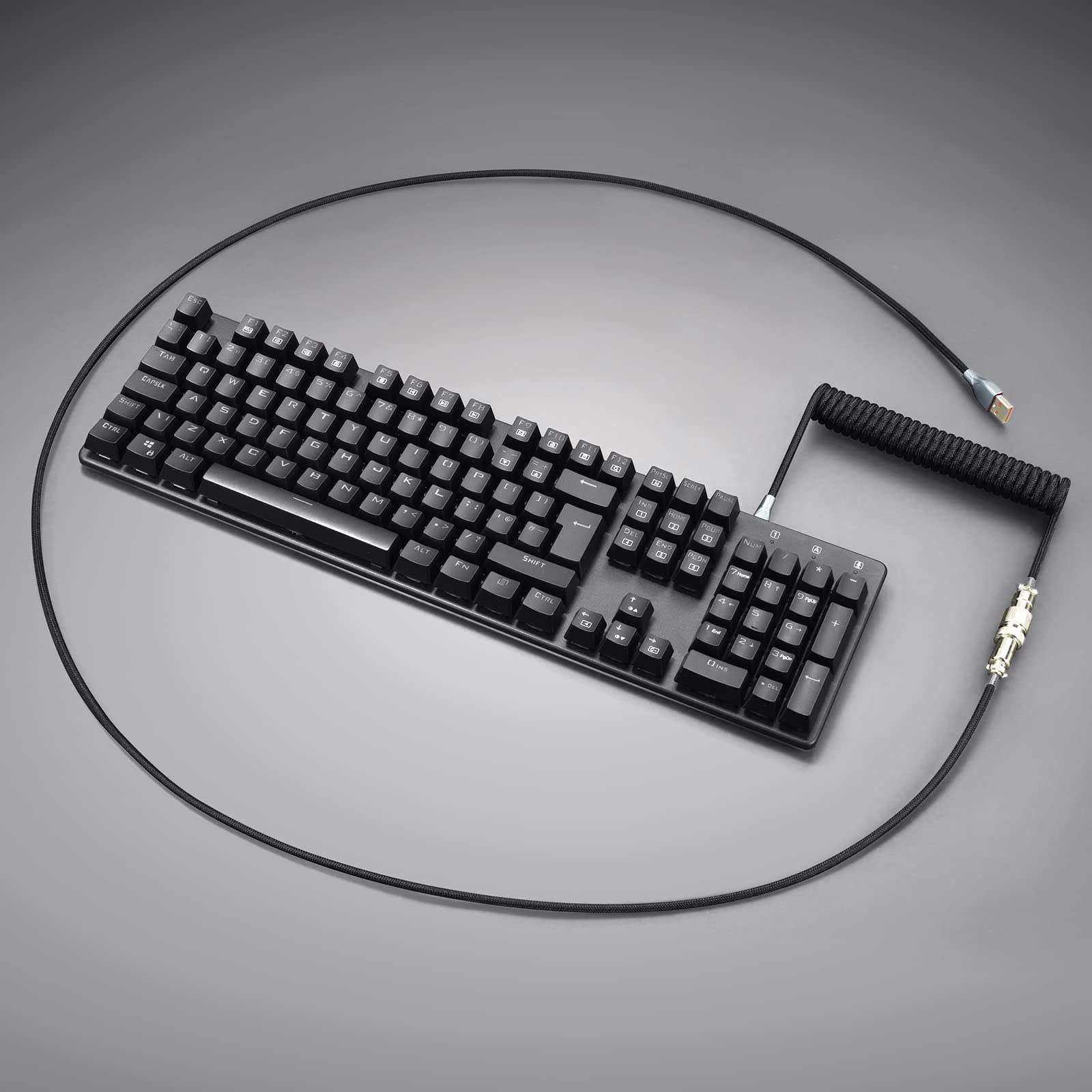 RisoPhy Custom Coiled Keyboard Cable for Gaming Keyboard, USB C Double-Sleeved Mechanical Keyboard Cable with Detachable Metal Aviator, 1.5M USB-C to USB-A, Braided + PET Mesh Keyboard Cable (Black)