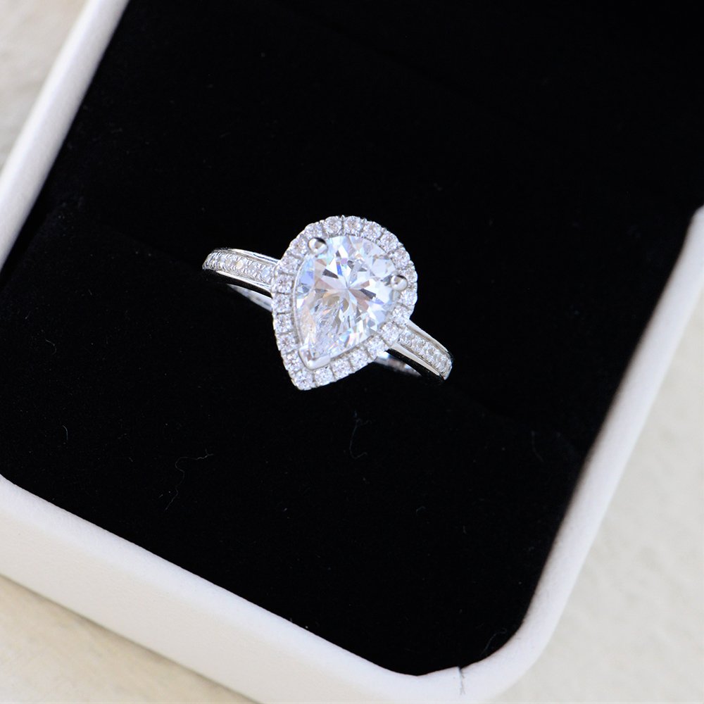 LEMON GRASS 3 Ct Pear Shaped Cubic Zirconia Solitaire Engagement Ring Pave Thin Band in Sterling Silver Size 6