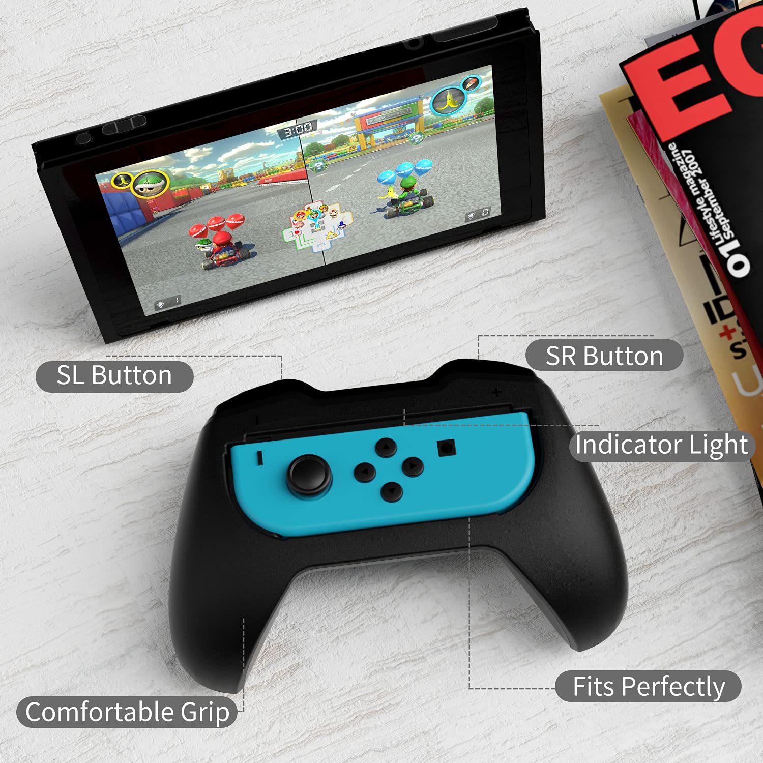 Leyu Smart 2-Pack JoyCon Grip For Nintendo Switch N OLED 2021/UPGRADED-Latest Version(Vertical Flexible Trigger-More Space) Extra-Large Size,Easy Slide in & Top Out via a HOLE with a Finger (Black)