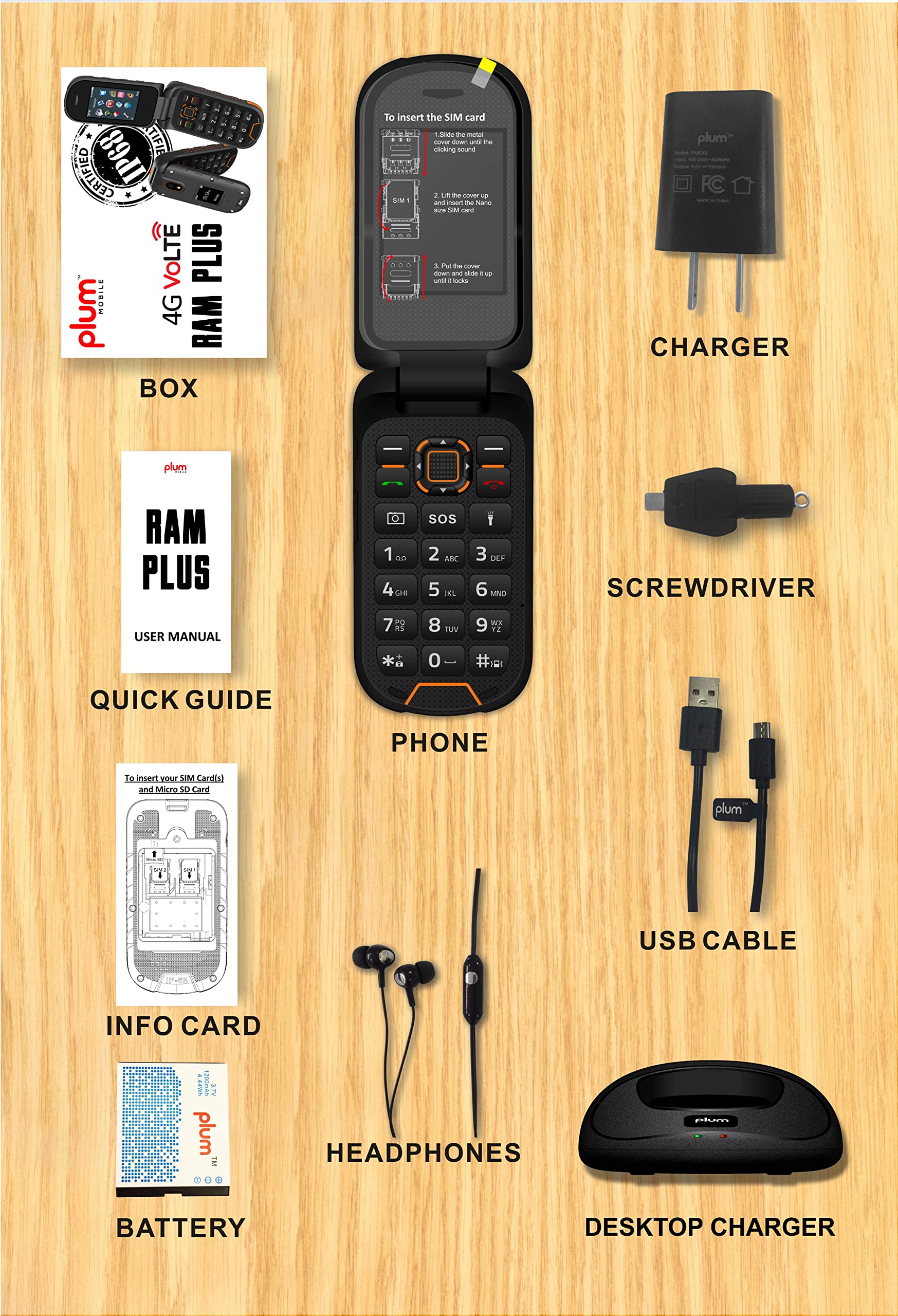 Plum RAM Plus 4G Volte Unlocked Rugged Flip Phone 2022 Model ATT, Tmobile, Speed Talk, Consumer Cellular- Orange