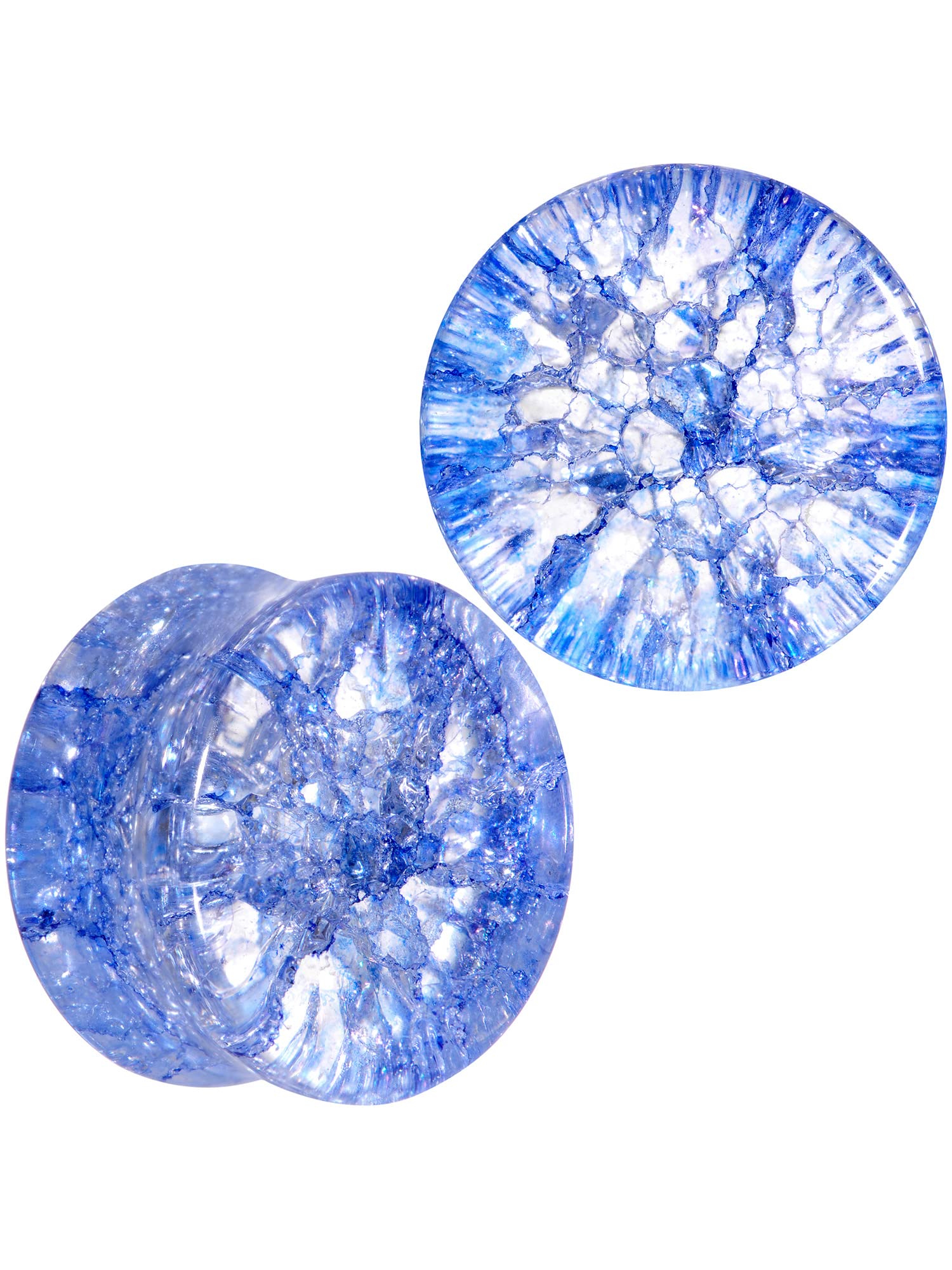 Pair 9/16" (14MM) BLUE SHATTERED GLASS PLUGS Double Flare Gauges Cracked Organic Tunnels (2pcs)