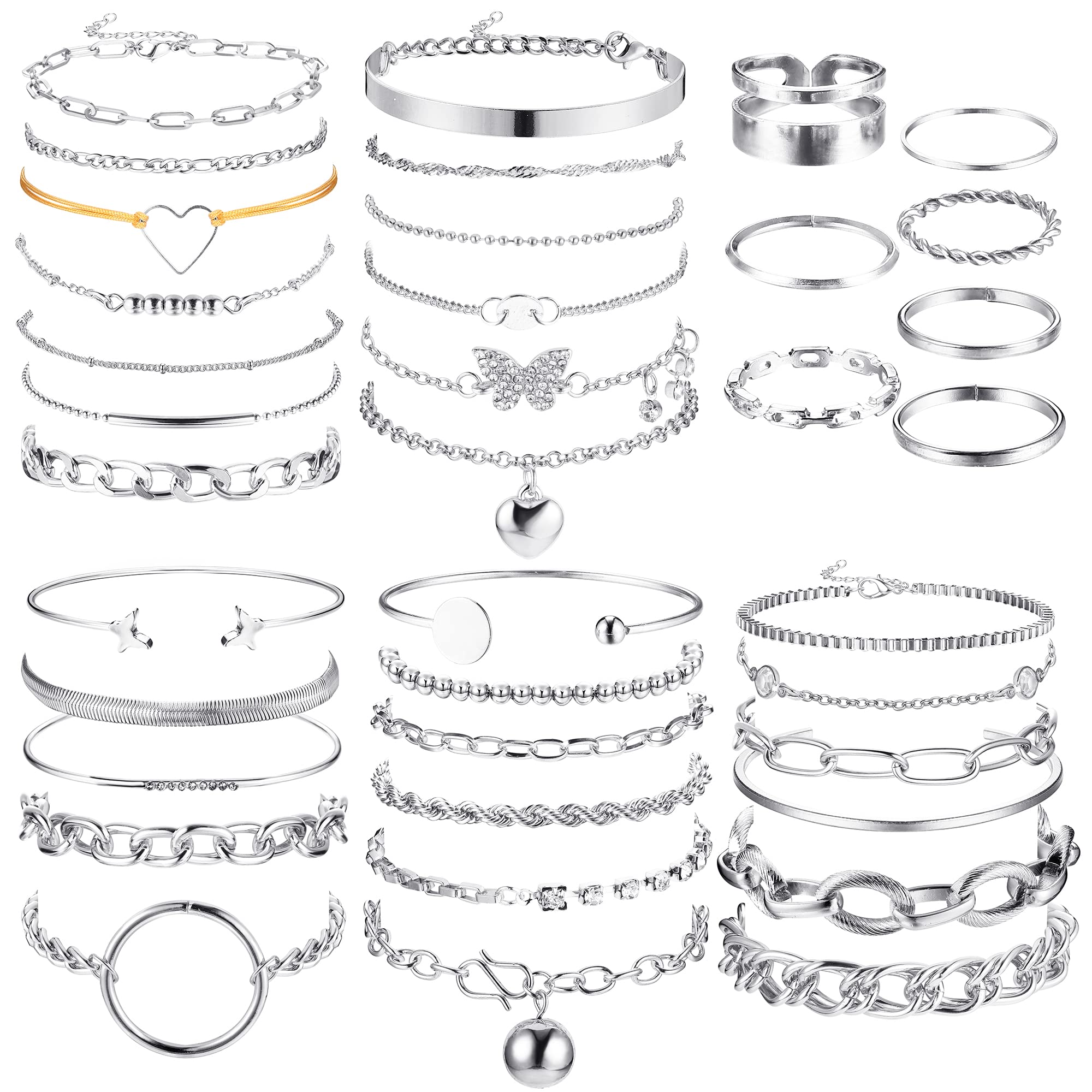 Sanfenly Gold Silver Bracelet Ring Set for Women Cuban Link Bead Heart Butterfly Charm Chain Cuff Bangle Bracelet Stackable Knuckle Ring Fashion Jewelry Adjustable
