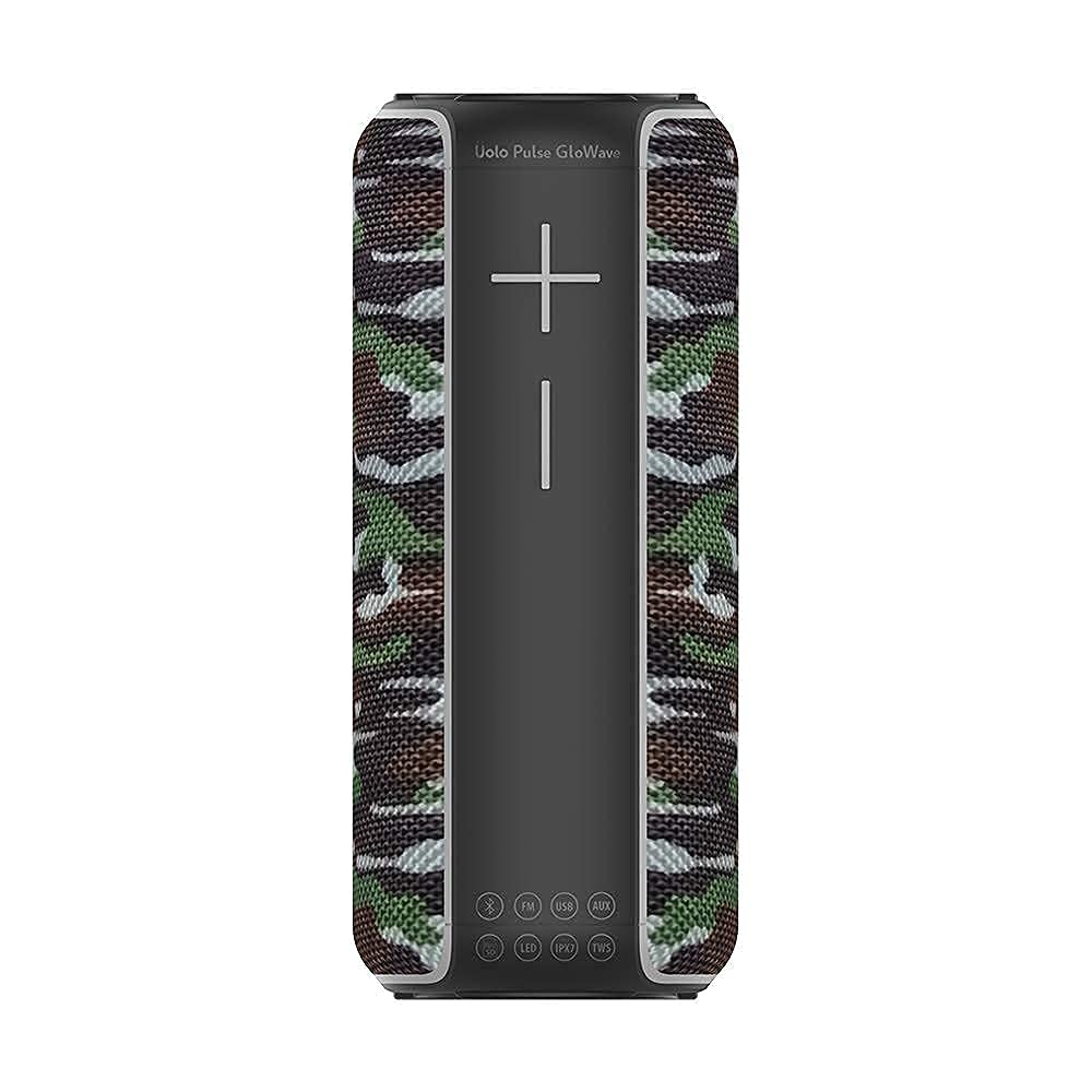 IPX 7 Waterproof Uolo Pulse Glowave Bluetooth & FM Radio Portable Wireless Speaker [16W] Stereo Sound, 24+ Hours Playtime, Built-in Mic & LED colors Lights-Compatible for iPhone, Samsung [Camo]