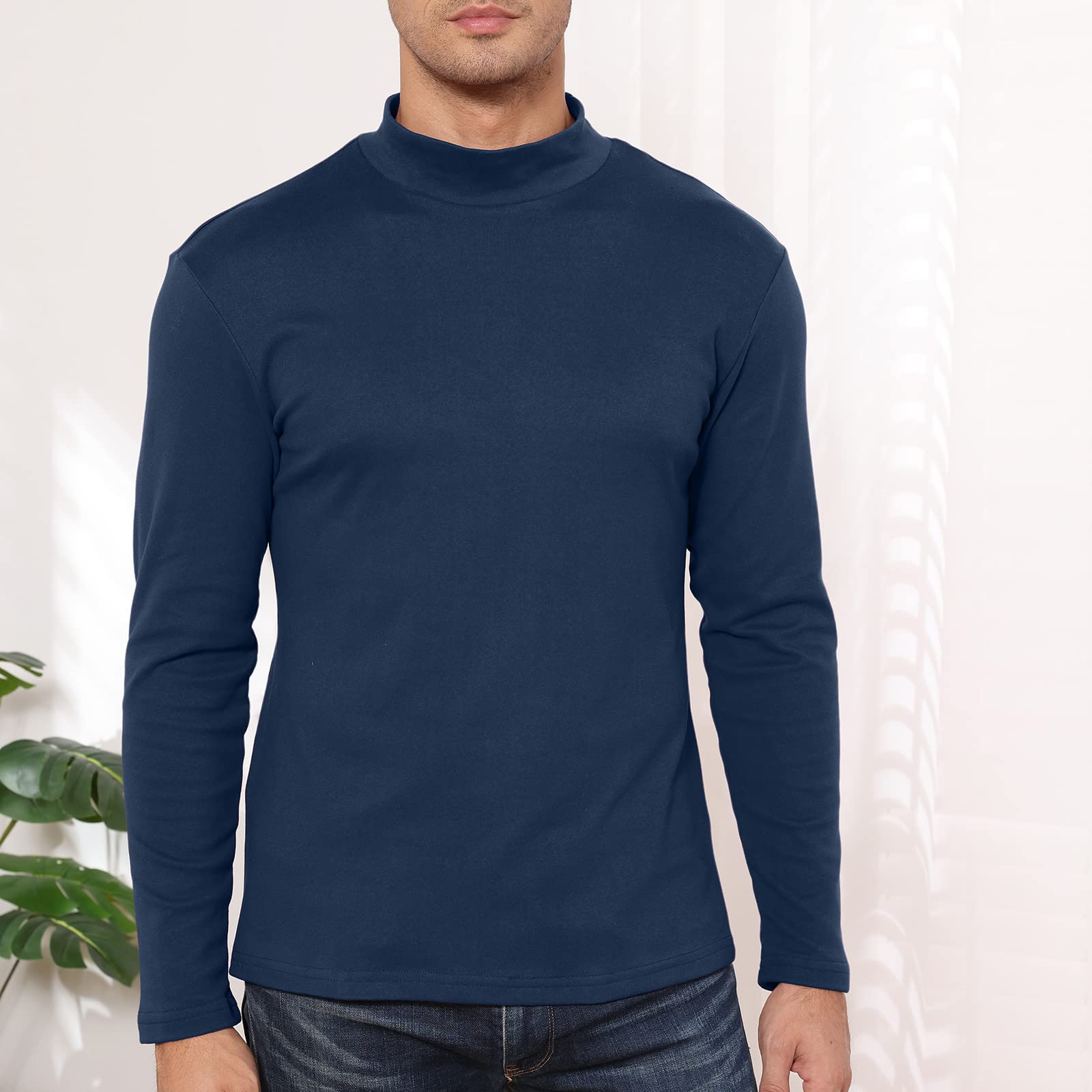 PICKLION Mens Casual Turtleneck Long Sleeve Undershirt Slim Fit Pullover Basic T-Shirts Navy Blue