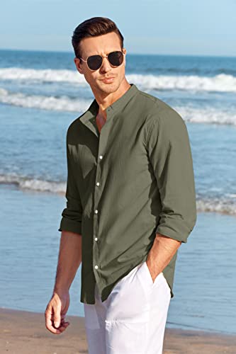 Makkrom Men's Cotton Linen Shirts Long Sleeve Button Down Band Collar Summer Beach Shirt Top Army Green