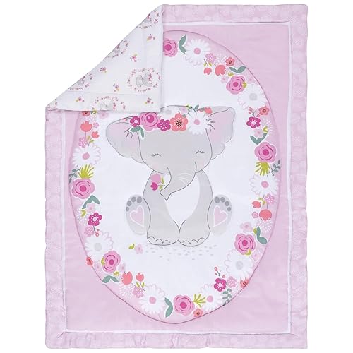 Sammy & Lou Elephant Garden 4-Piece Baby Nursery Crib Bedding Set for Girls, Includes Quilt, Fitted Crib Sheet, Crib Skirt, and Plush Toy