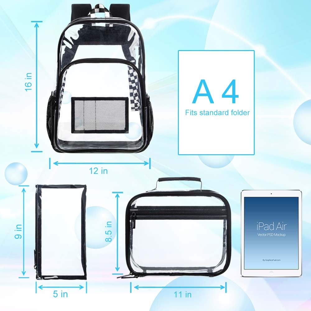 KLFVB 3PCS Clear Backpack, Heavy Duty Transparent Bookbag, See Through Sequin Backpacks - Black