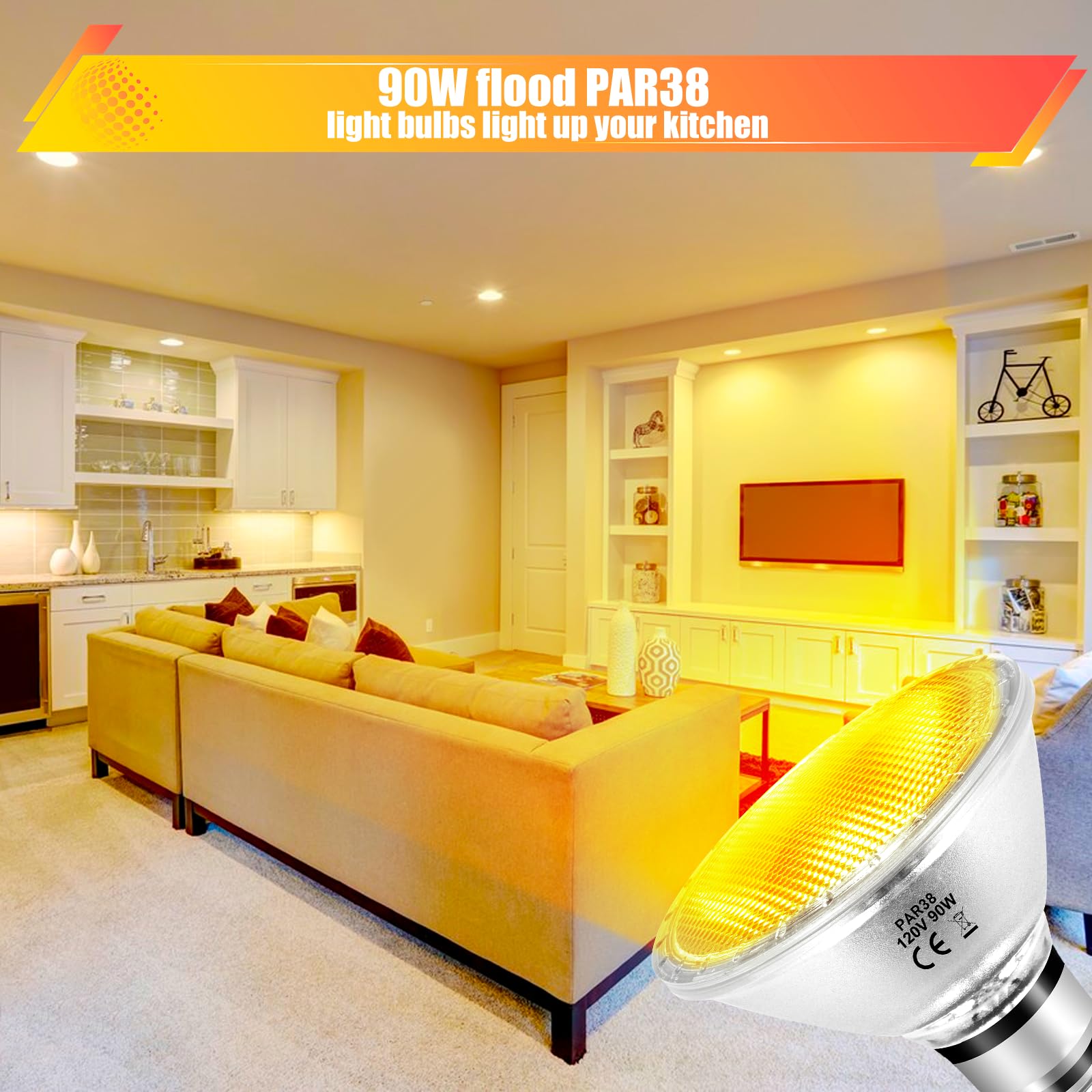 ZazaFi PAR38 Flood Llight Bulbs, 2 Pack High Output PAR38 Halogen Flood Light 90W 120V, PAR38 Halogen Dimmable, Halogen PAR38 Bulb with E26 Base for Indoor/Outdoor,CRI100 PAR38 Warm White 2801K