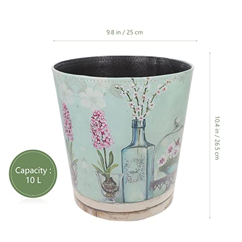 Zerodeko Small Trash Can, 10L/2.64 Gallon PU Leather Wastebasket Retro Decorative Waste Bin with Flower Patterned, Garbage Container for Bathroom, Bedroom, Kitchen, Home, Office