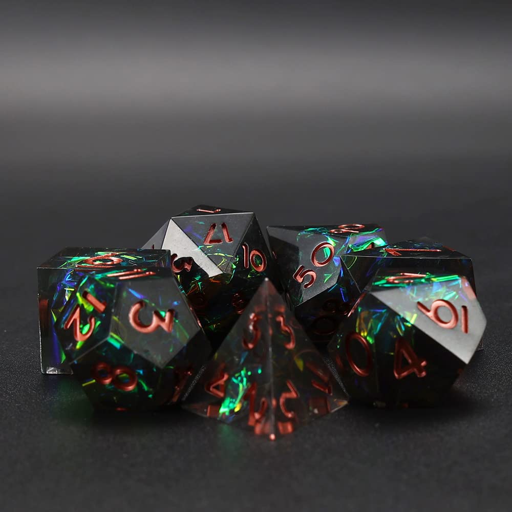 Polyhedral Resin DND Dice Set, Handcrafted Polished Sharp Edge Tabletop D&D RPG Games Dice with Beautiful Glitter Inclusions