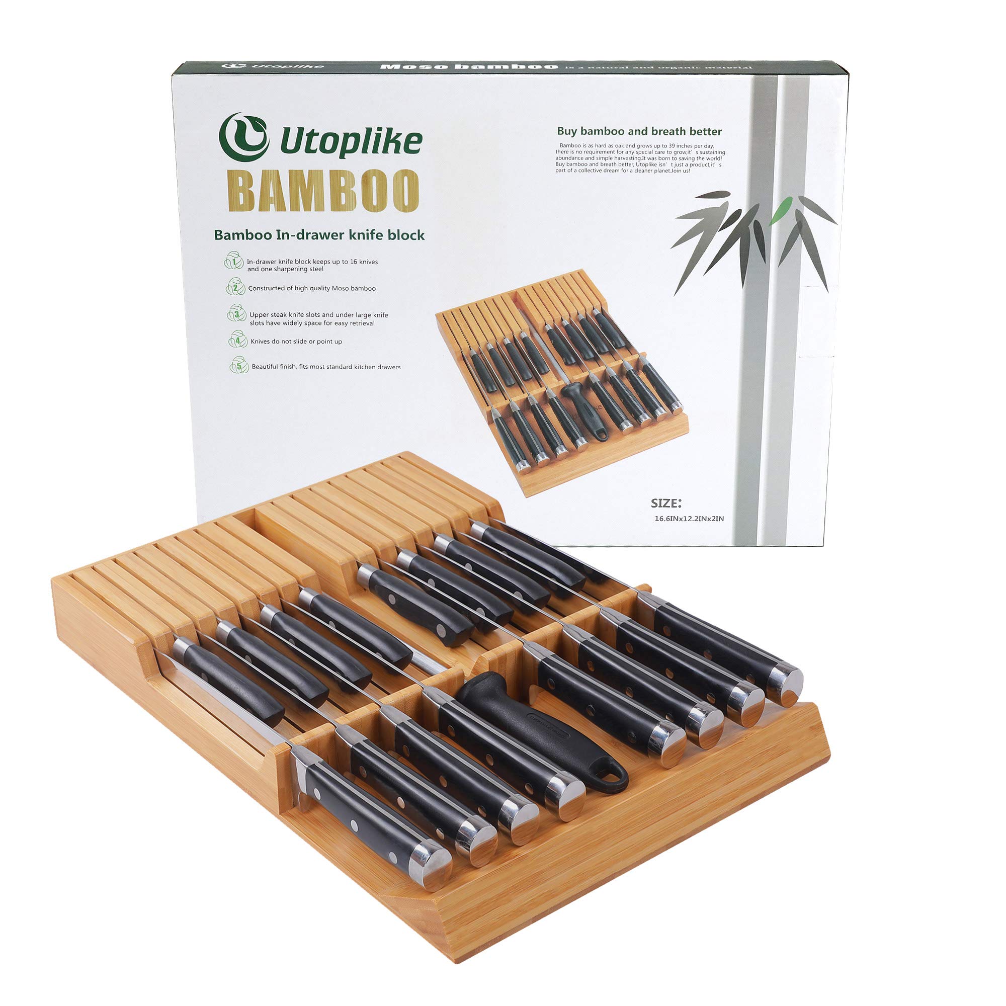 Utoplike In-drawer Knife Block Bamboo Kitchen Knife Drawer Organizer and Wine Bottle Holder, Wine Racks Countertop