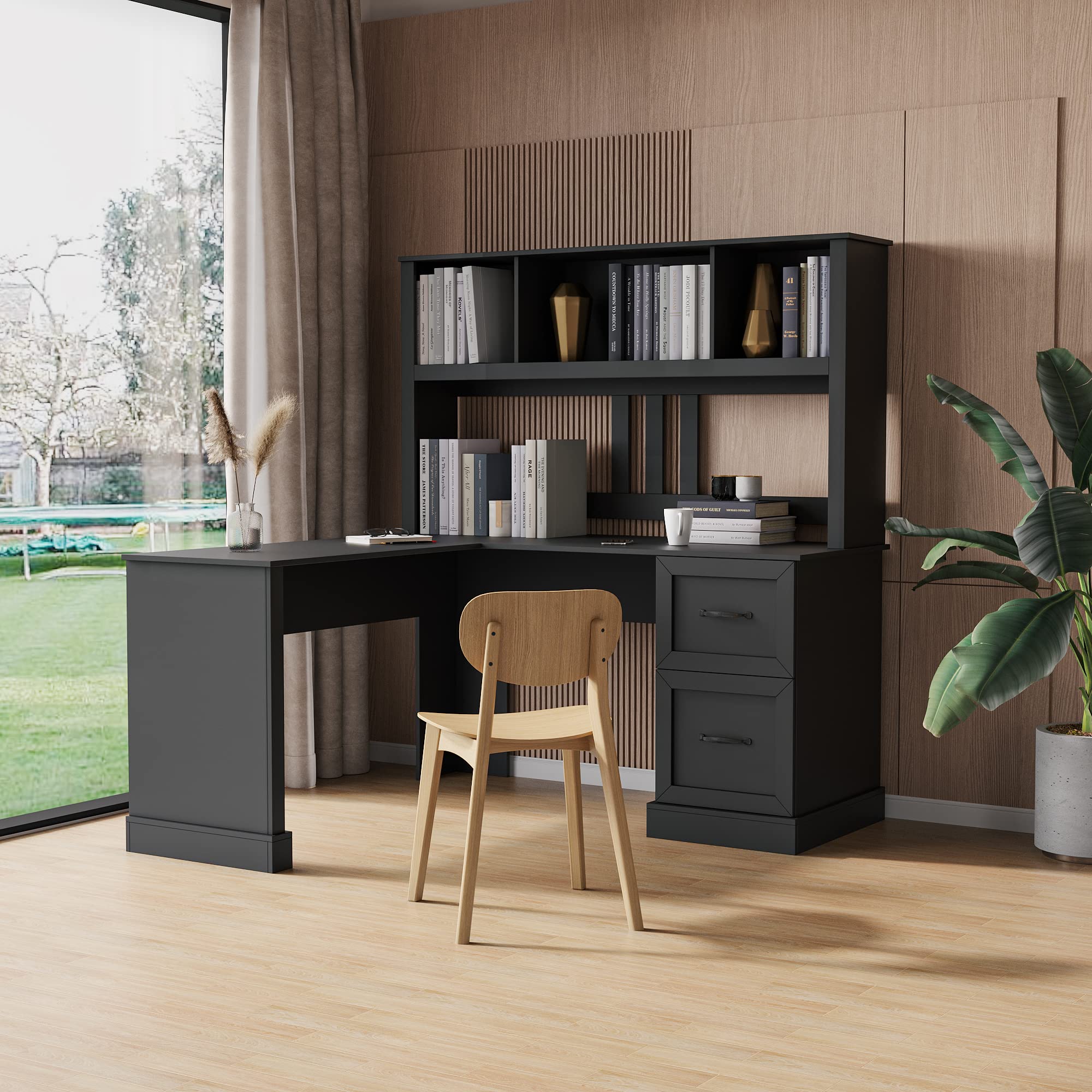 KLIECH Modern Home Office Computer Desk with Hutch,Large Working Space for Kids Adults Bedroom Living Room,Antiqued Black Finish