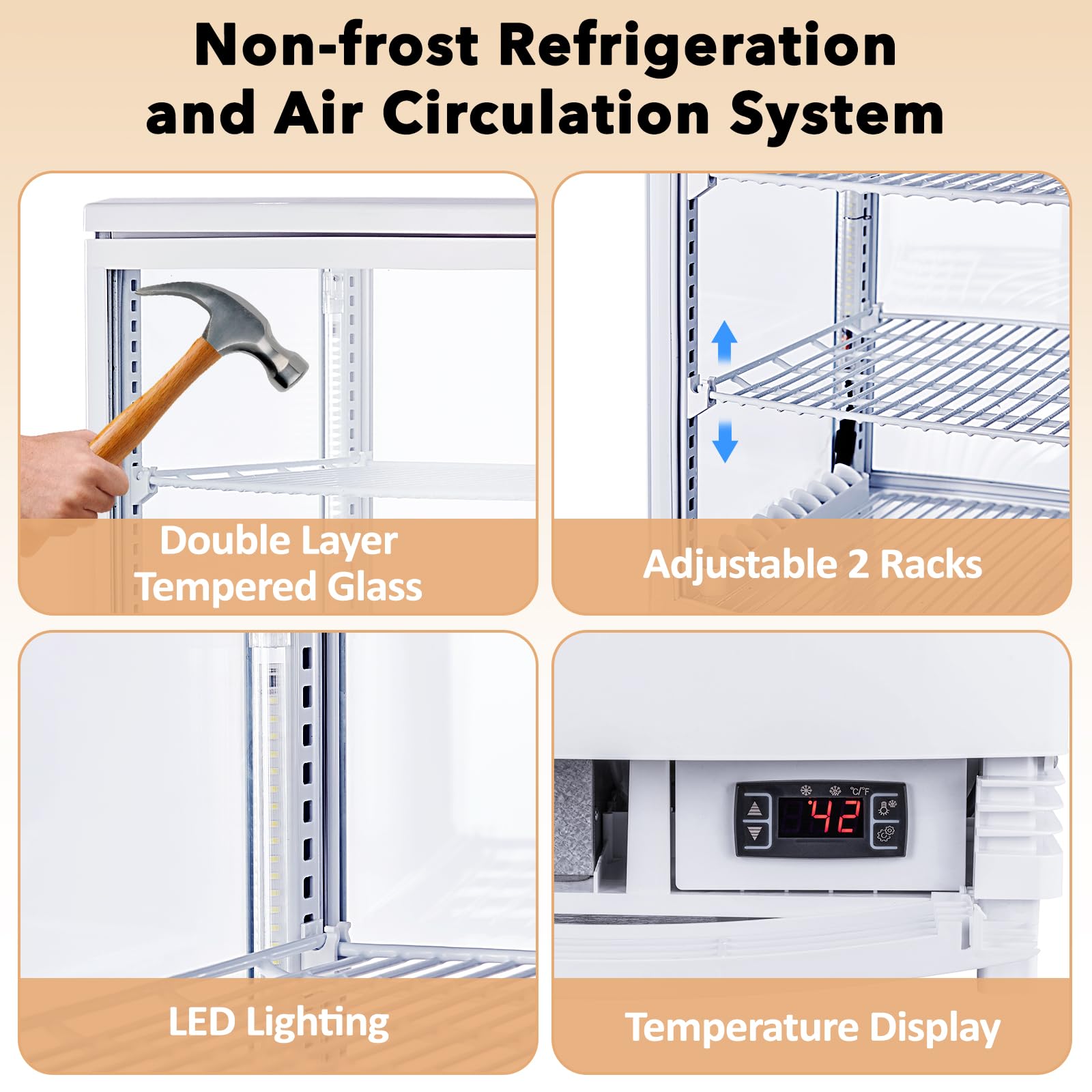 Takywep Commercial Refrigerator Display Case 2 Cu.FT, Two Glass Door Display Refrigerator Display Fridge, Countertop/Floor Refrigerator with LED Lighting, Adjustable Shelves, Double-Layered Glass